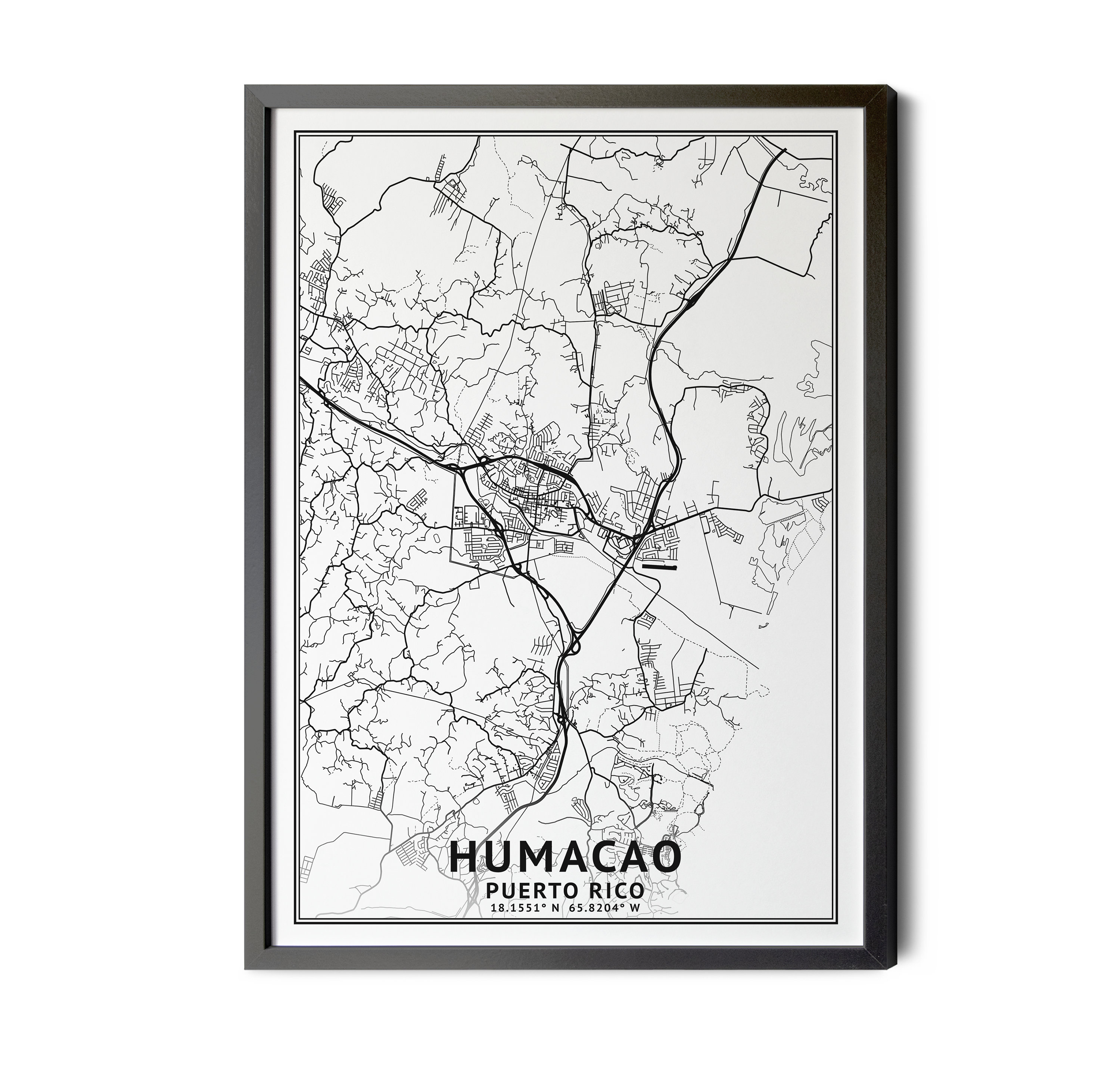 Humacao Puerto Rico Map, Black and White, Coordinates, Map of Humacao ...