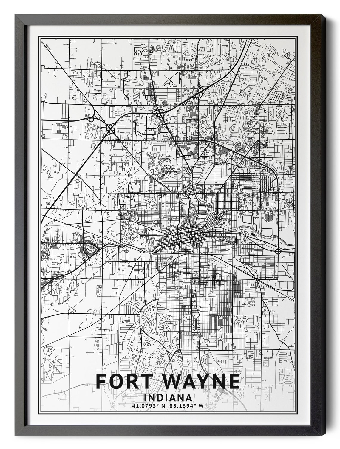 Fort Wayne Indiana Map Black and White Coordinates Map of - Etsy