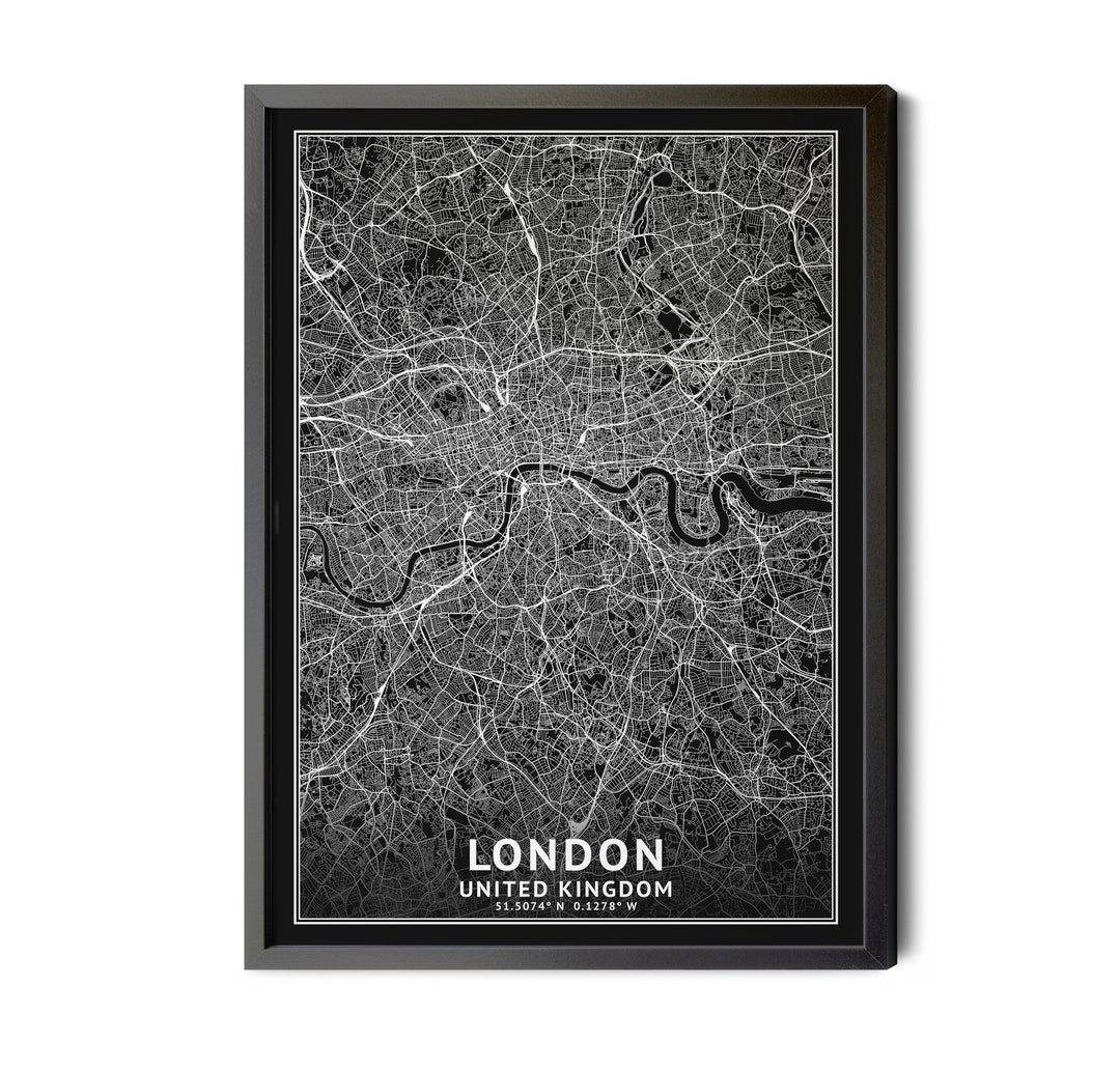 London United Kingdom Map, Black and White, Inverted, Coordinates, Map ...