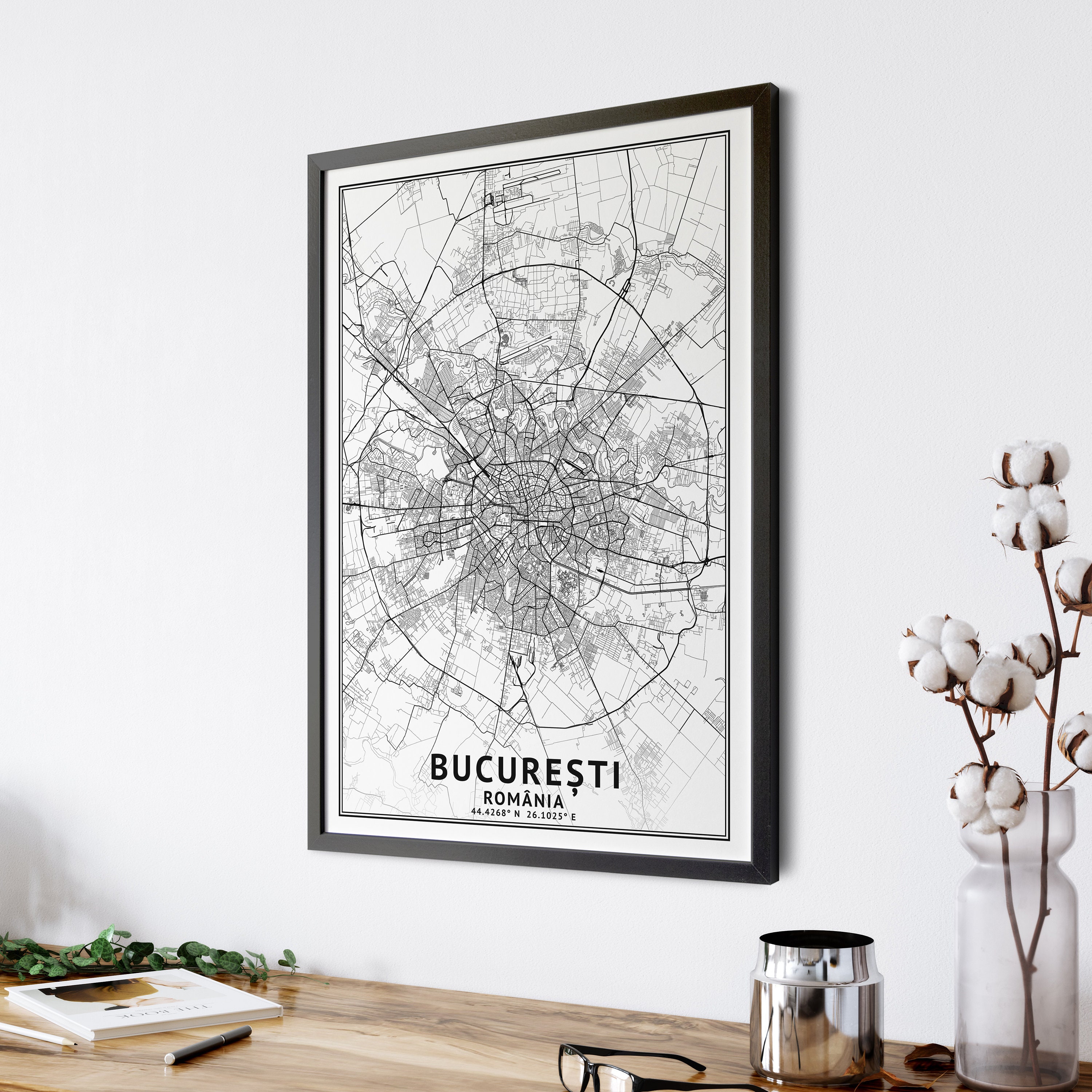 Bucharest Romania Map, Black and White, Coordinates, Map of Bucharest ...