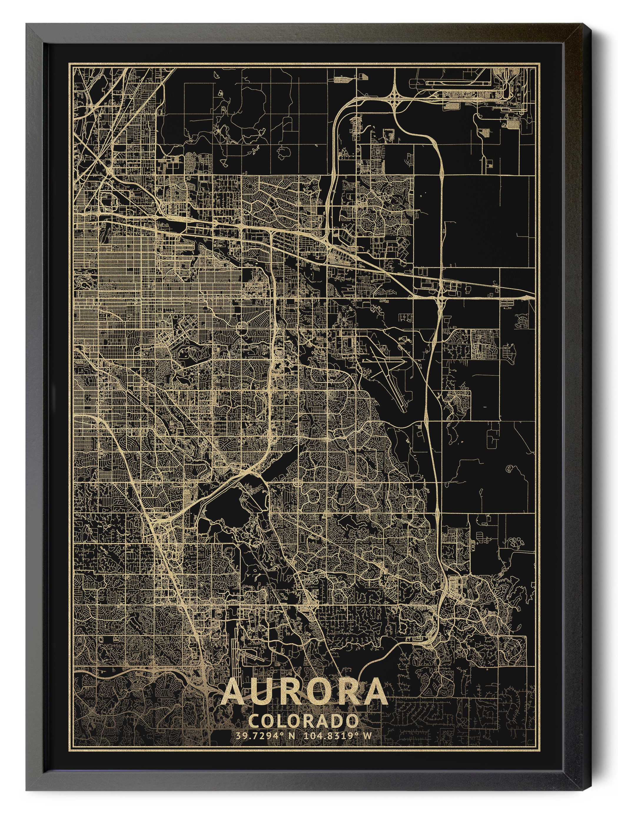 Aurora Colorado Map Black High Resolution Real Gold Leaf - Etsy