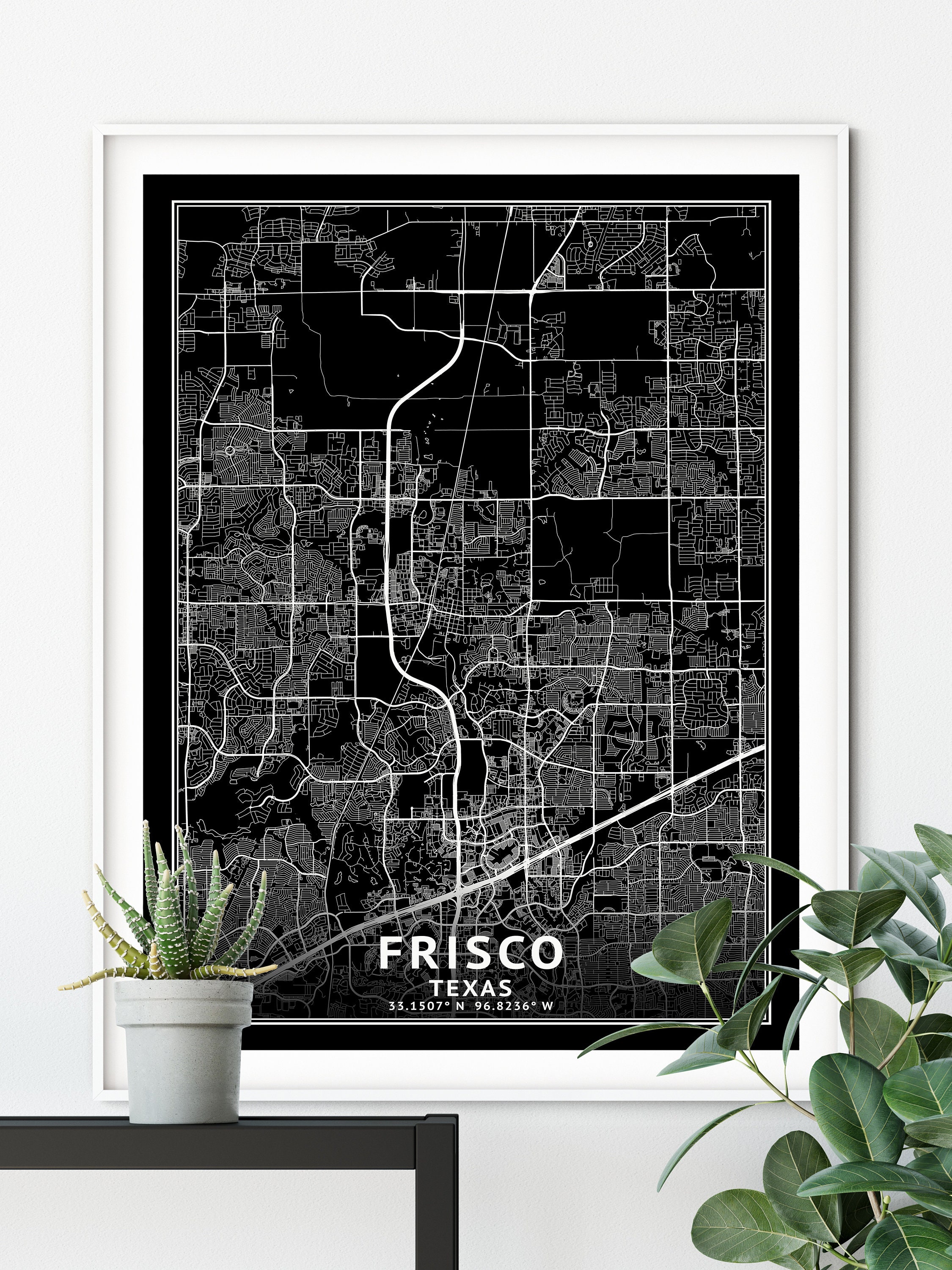 Frisco Texas Map, Black and White, Inverted, Coordinates, Map of Frisco ...