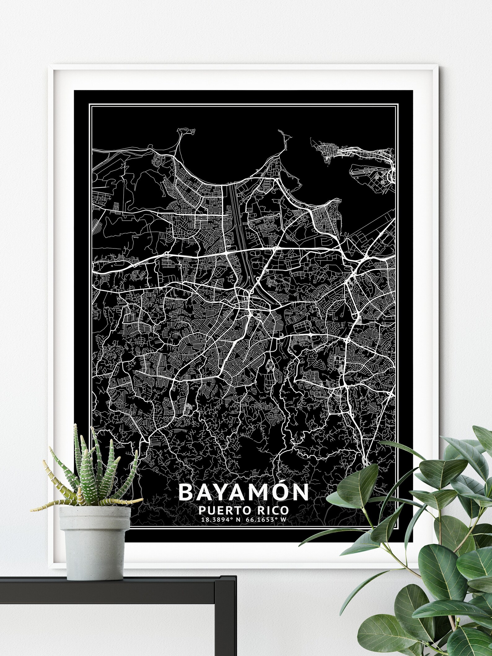 Bayamon Puerto Rico Map, Black and White, Inverted, Coordinates, Map of ...