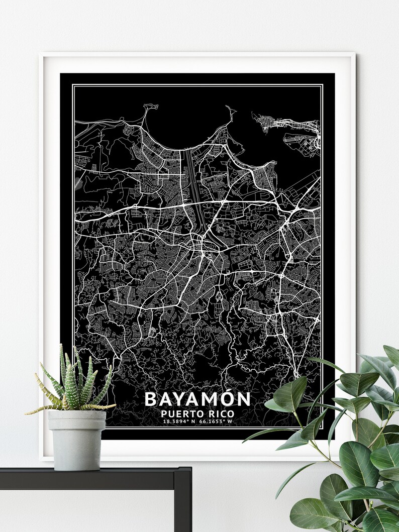 Bayamon Puerto Rico Map, Black and White, Inverted, Coordinates, Map of ...