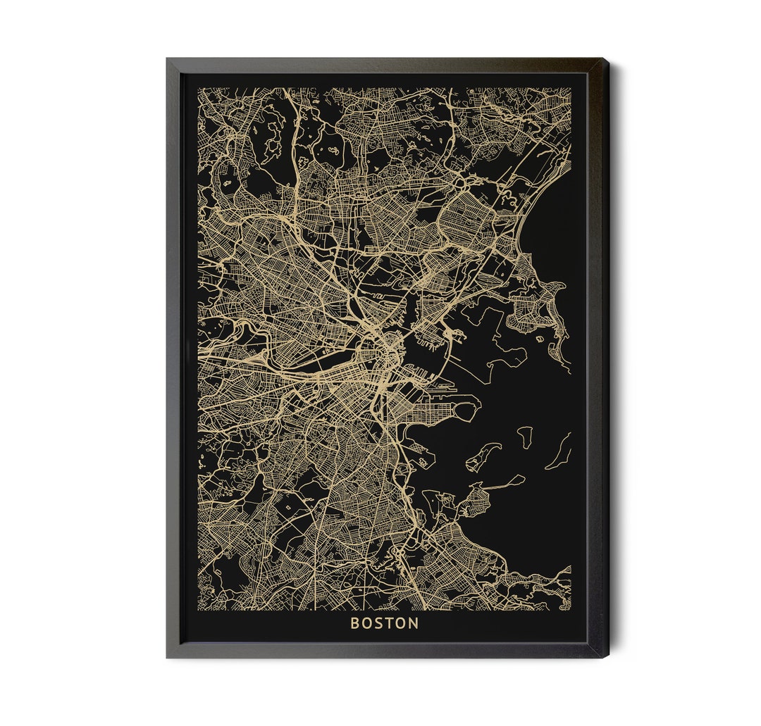 Boston Map, Black, High Resolution Real Gold Leaf Texture, Boston ...