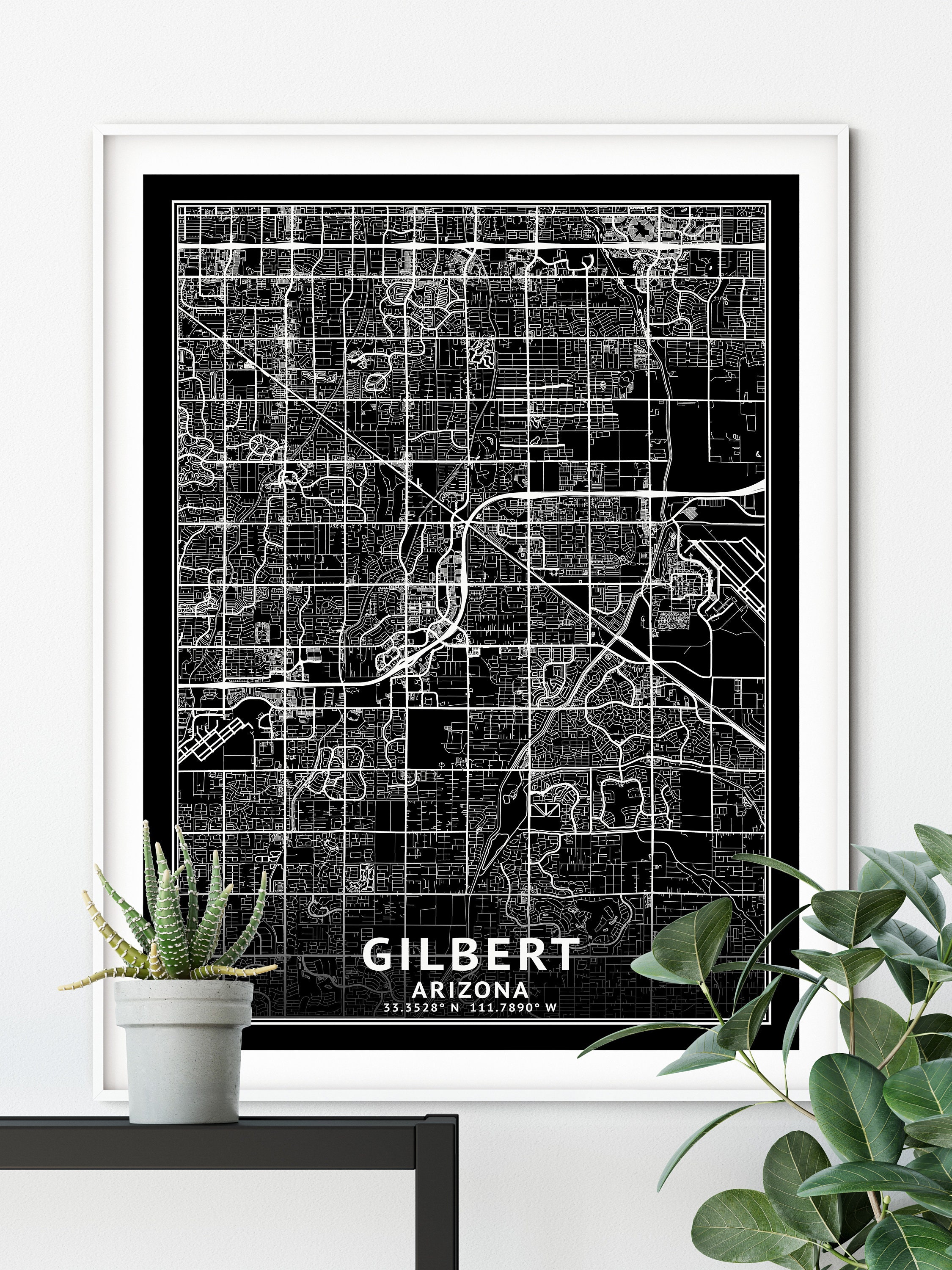 Gilbert Arizona Map, Black and White, Inverted, Coordinates, Map of ...