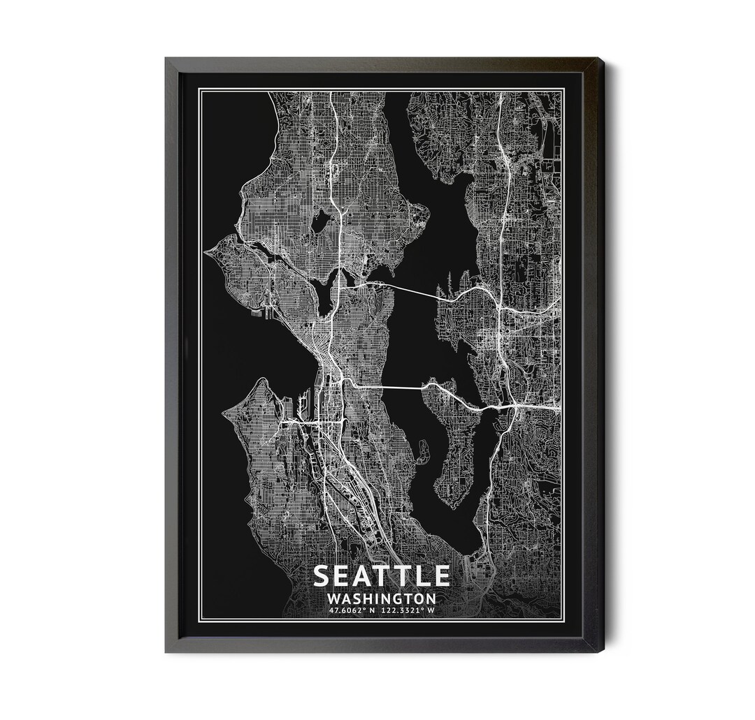 Seattle Washington Map, Black and White, Invetred Black, Coordinates ...