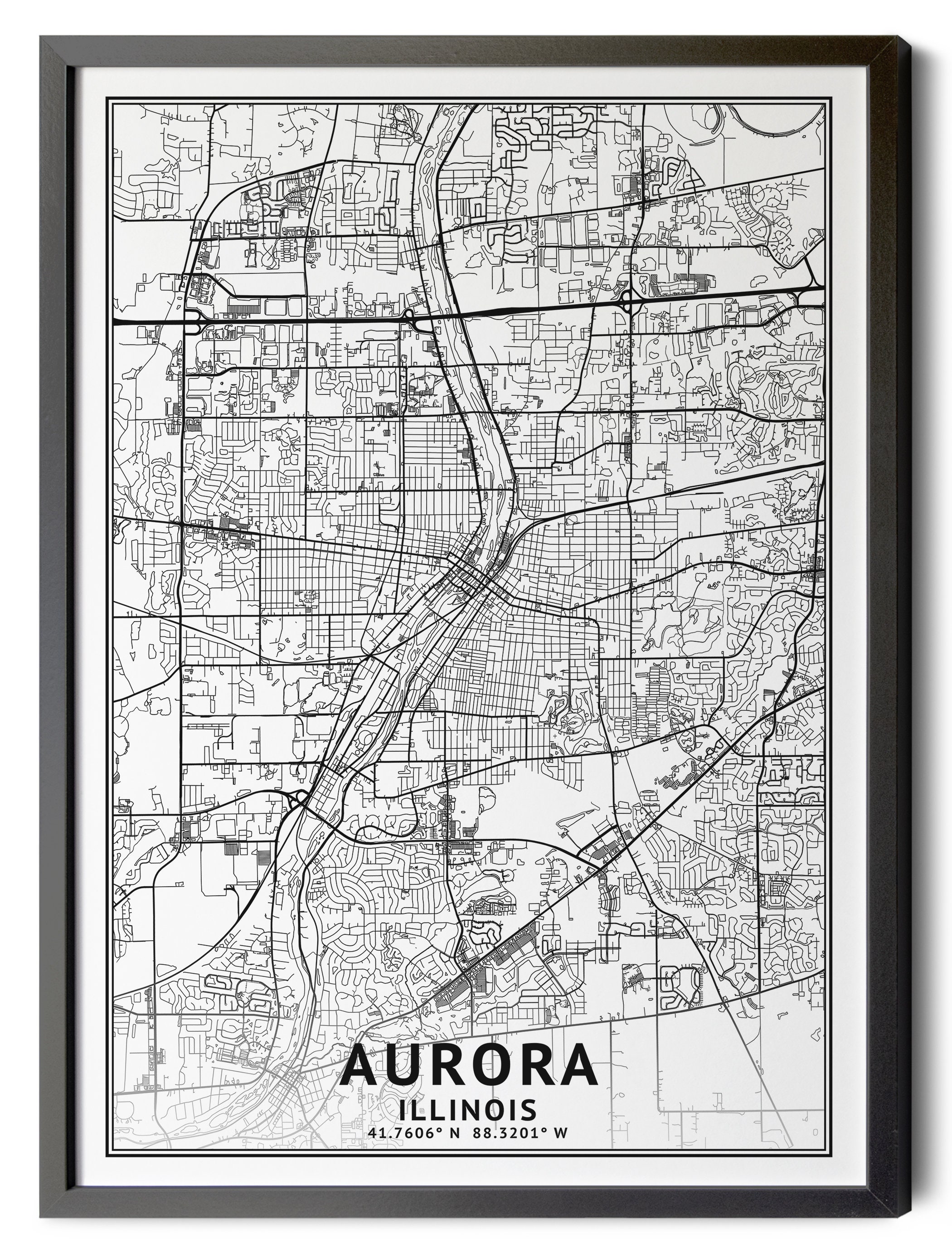 Aurora Illinois Map, Black and White, Coordinates, Map of Aurora ...