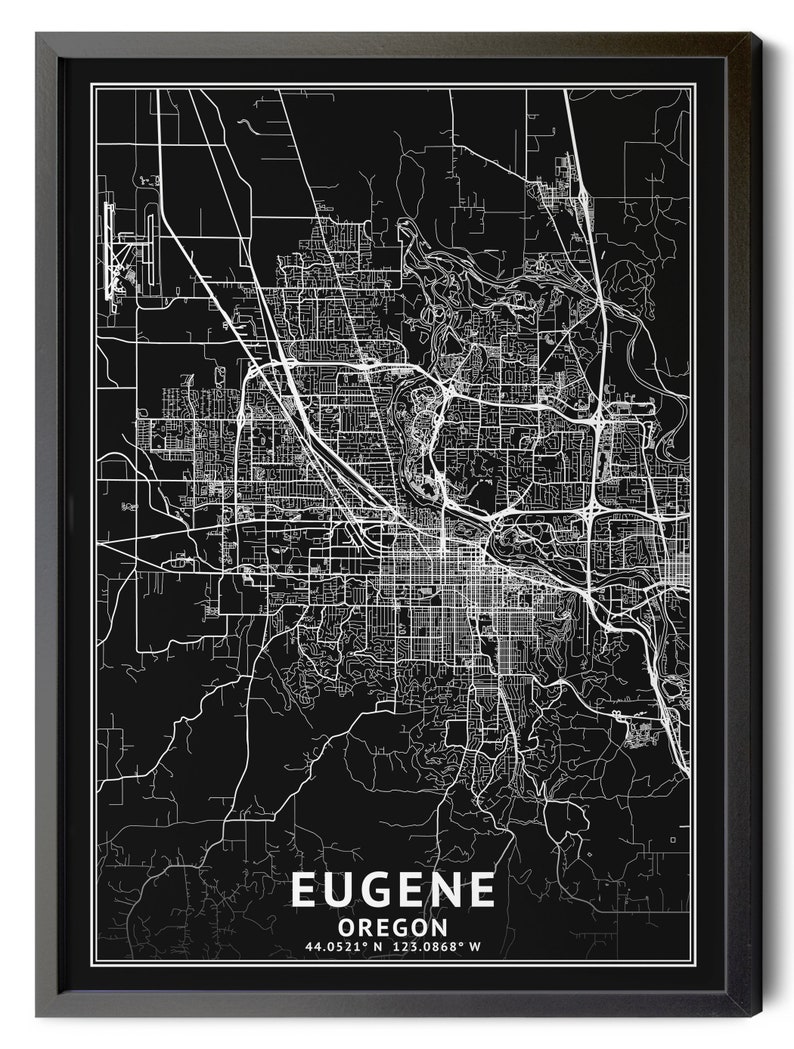 Eugene Oregon Map, Black and White, Inverted, Coordinates, Map of ...