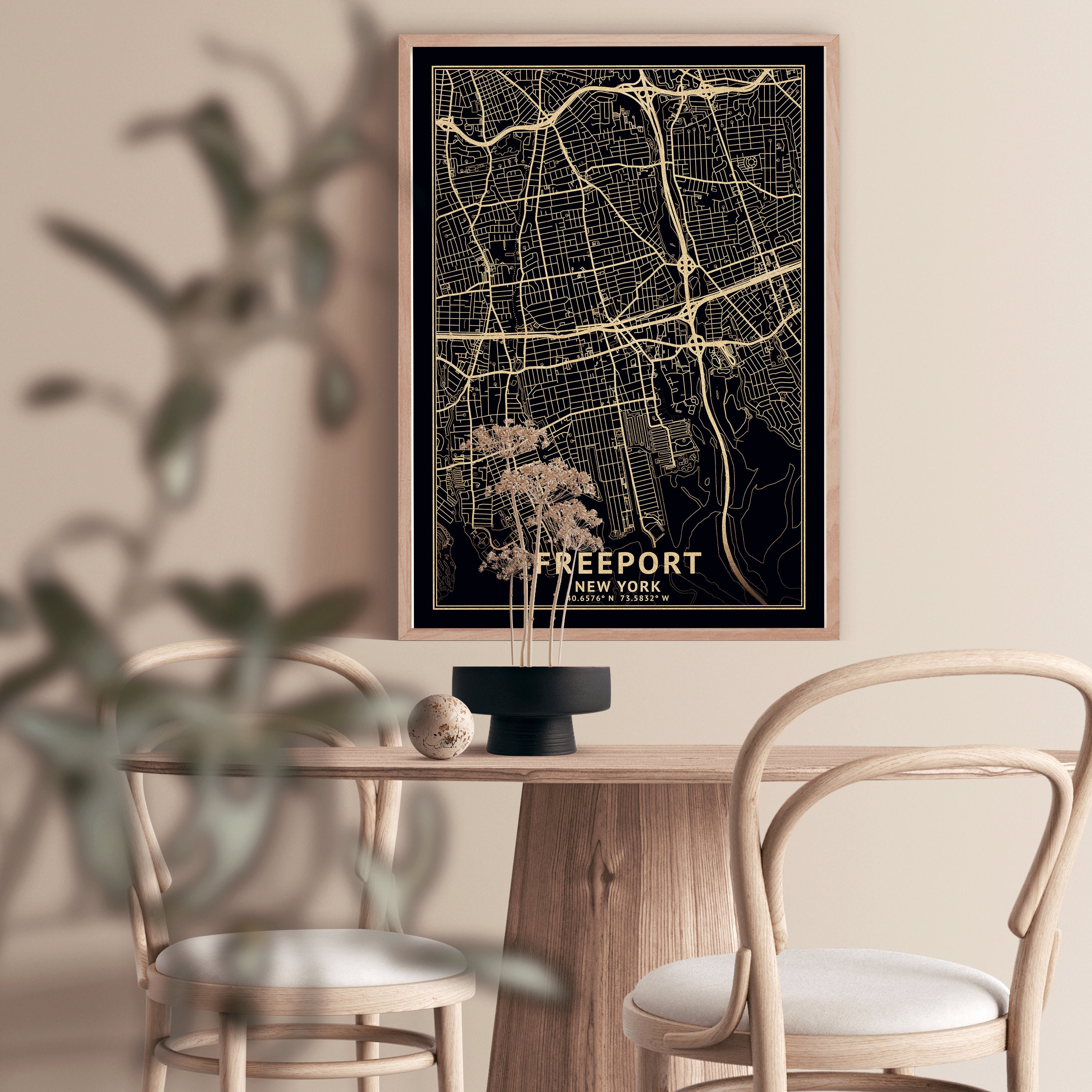 Freeport New York Map, Black, High Resolution Real Gold Leaf Texture ...