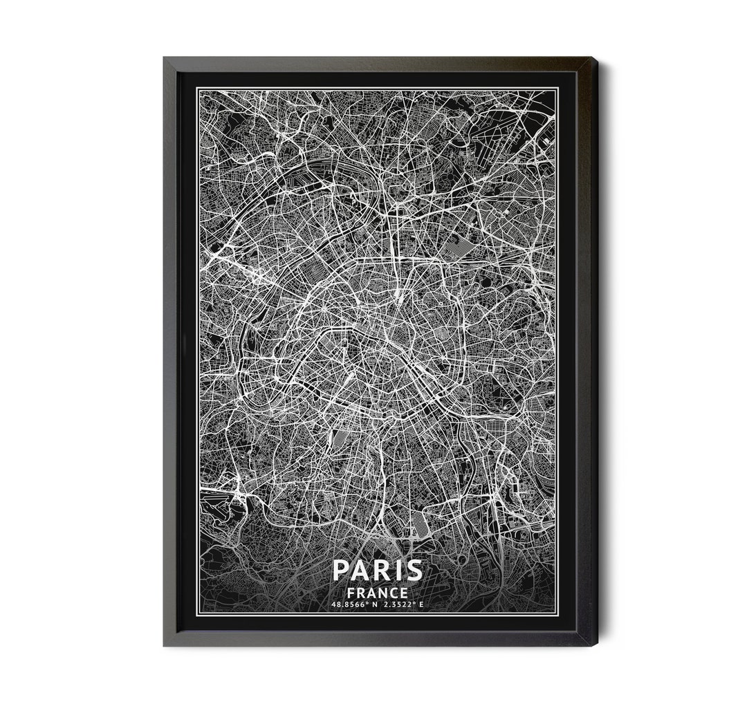 Paris France Map, Black and White, Inverted Black, Coordinates, Paris ...