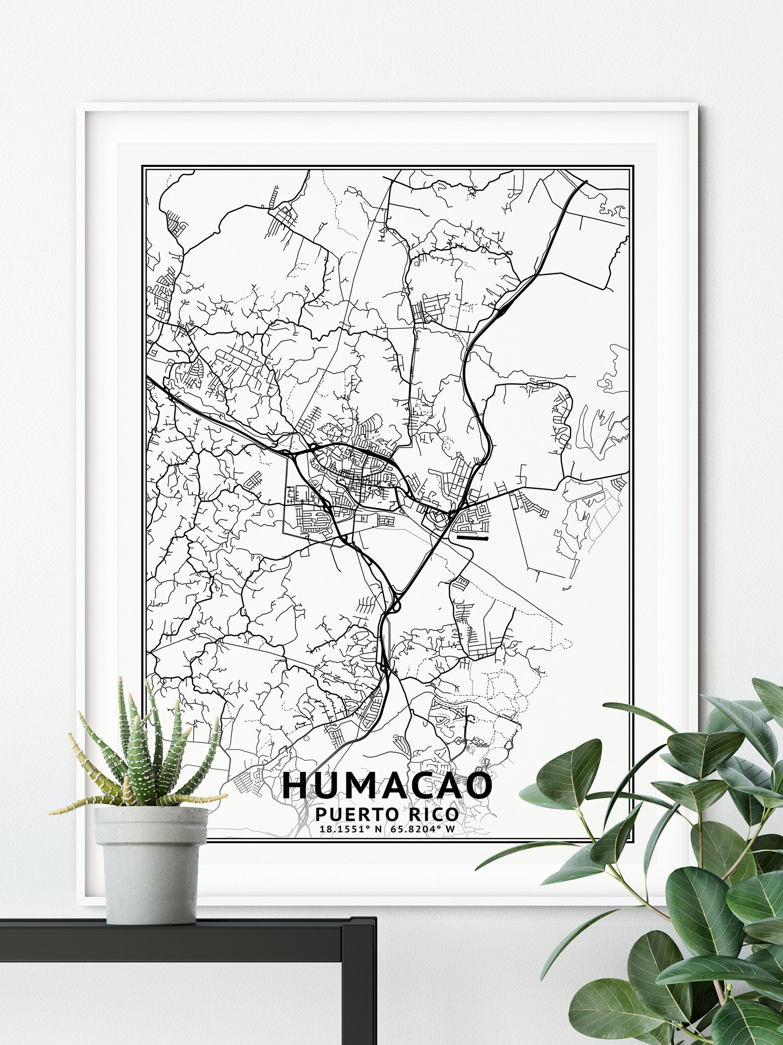 Humacao Puerto Rico Map, Black and White, Coordinates, Map of Humacao ...