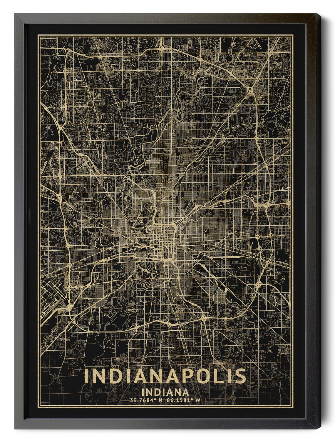 Indianapolis Indiana Map, Black, High Resolution Real Gold Leaf Texture ...