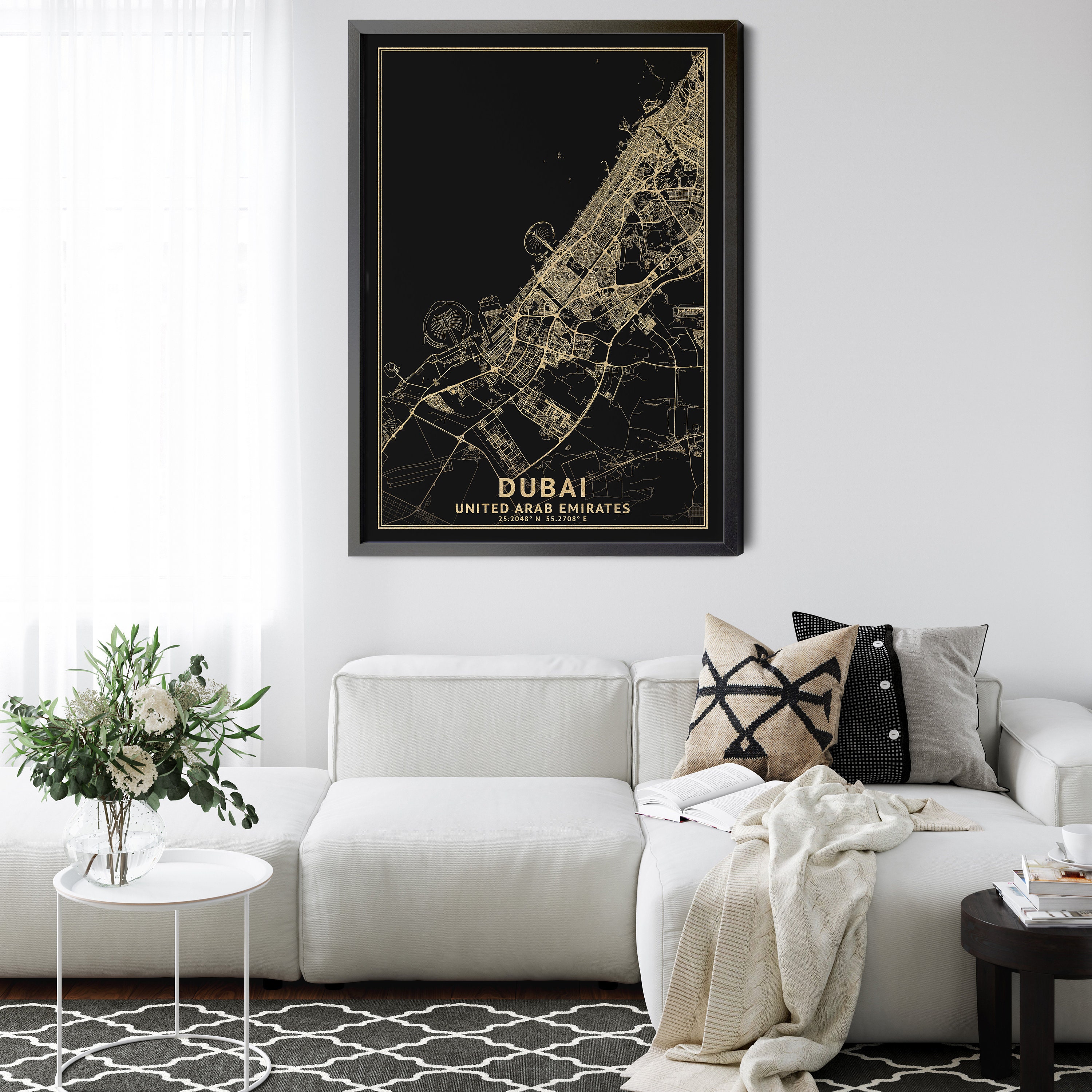 Dubai United Arab Emirates Map, Black, High Resolution Real Gold Leaf ...