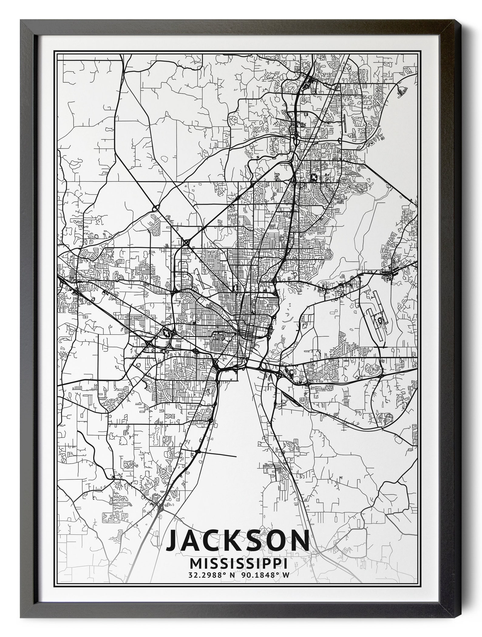 Jackson Mississippi Map, Black and White, Coordinates, Jackson Map, Map ...