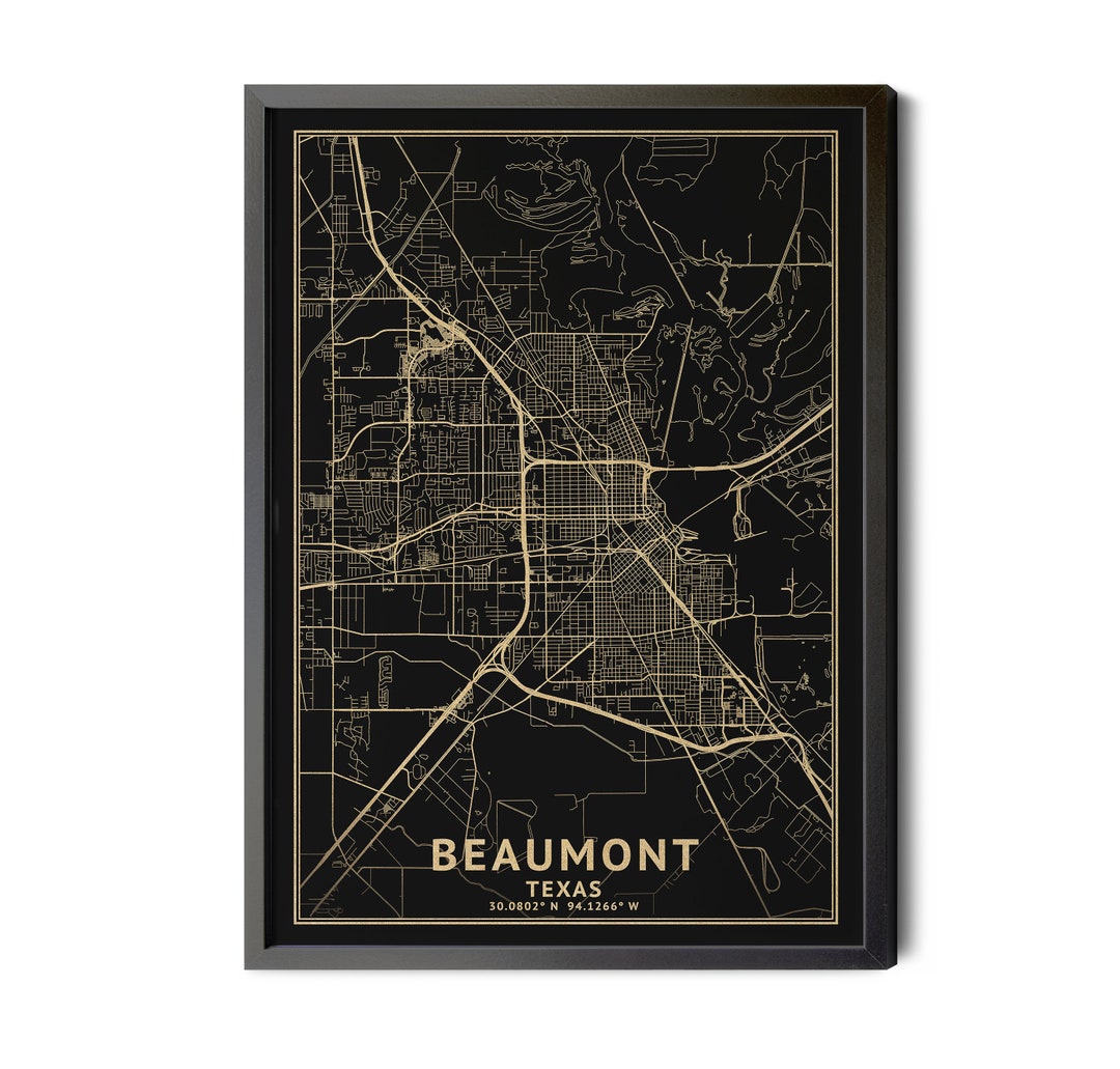 Beaumont Texas Map, Black, High Resolution Real Gold Leaf Texture ...