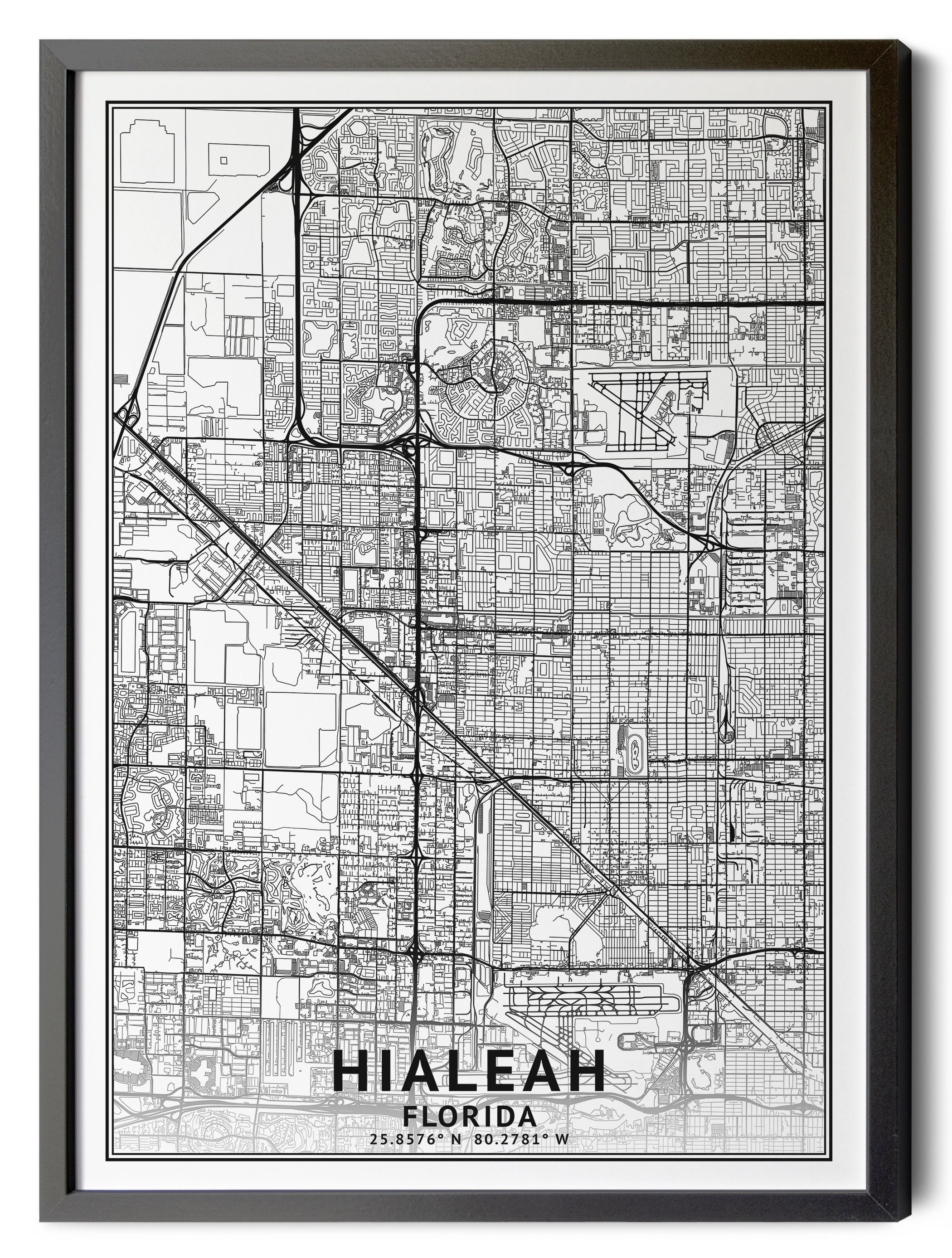 Hialeah Florida Map, Black and White, Coordinates, Map of Hialeah ...