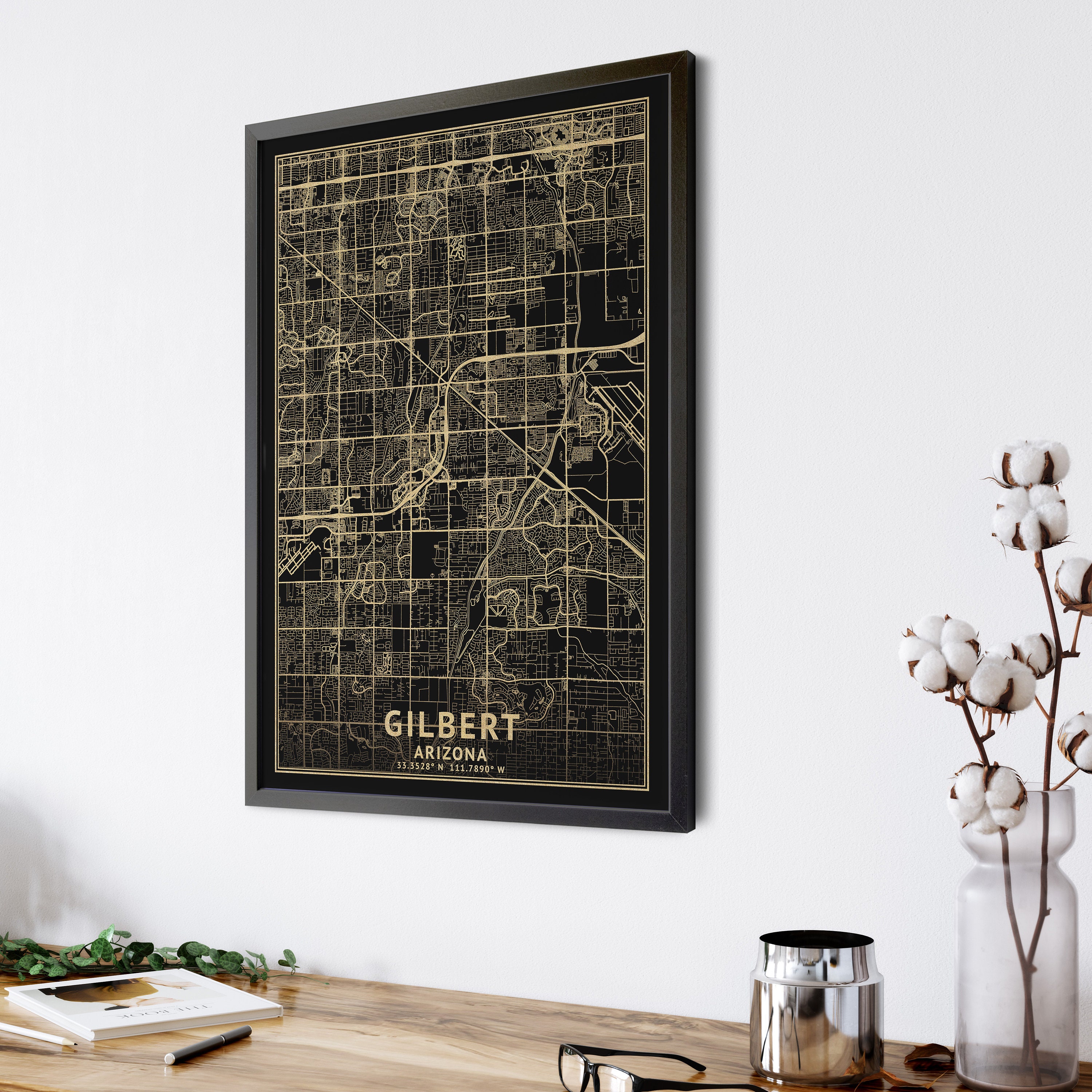 Gilbert Arizona Map, Black, High Resolution Real Gold Leaf Texture ...