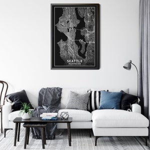 Seattle Washington Map, Black and White, Invetred Black, Coordinates ...