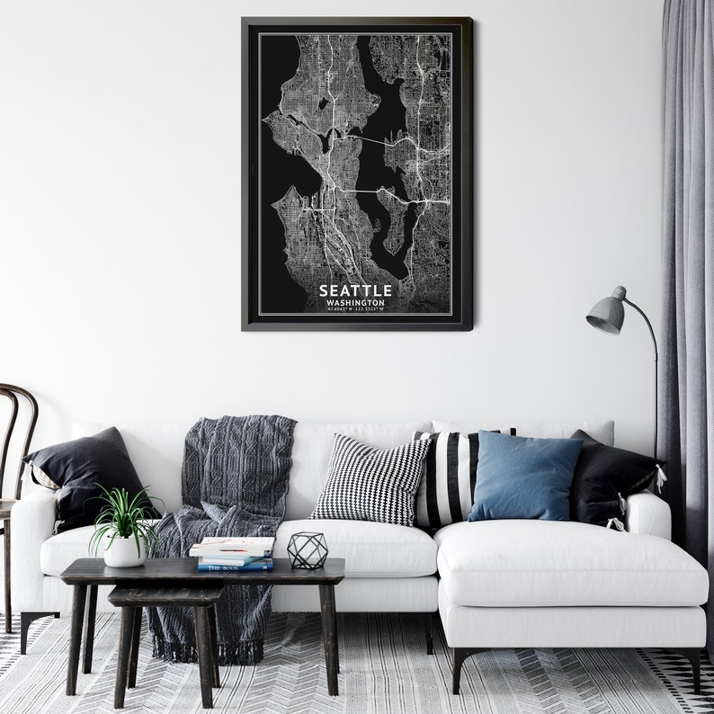 Seattle Washington Map, Black and White, Invetred Black, Coordinates ...