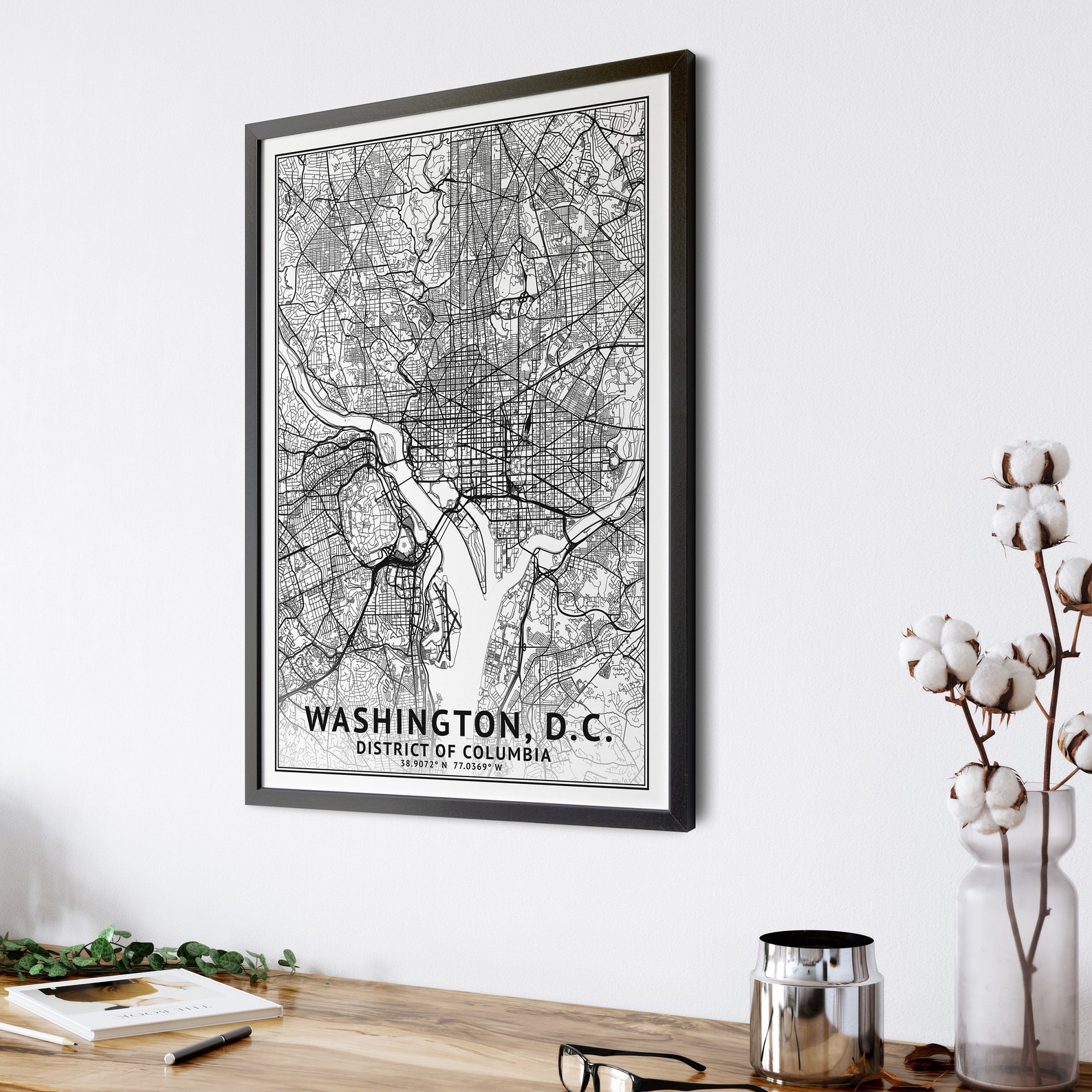Washington DC Map, Black and White, Coordinates, Washington DC Poster ...