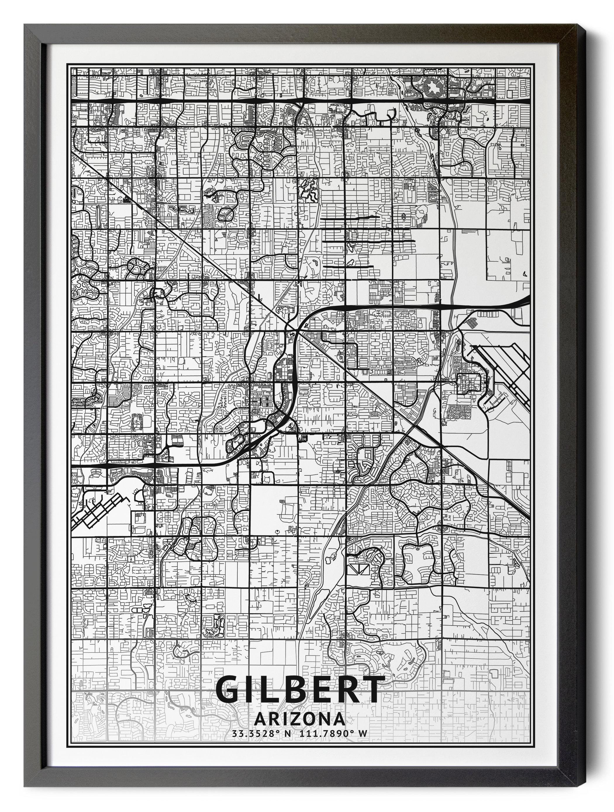 Gilbert Arizona Map, Black and White, Coordinates, Map of Gilbert ...