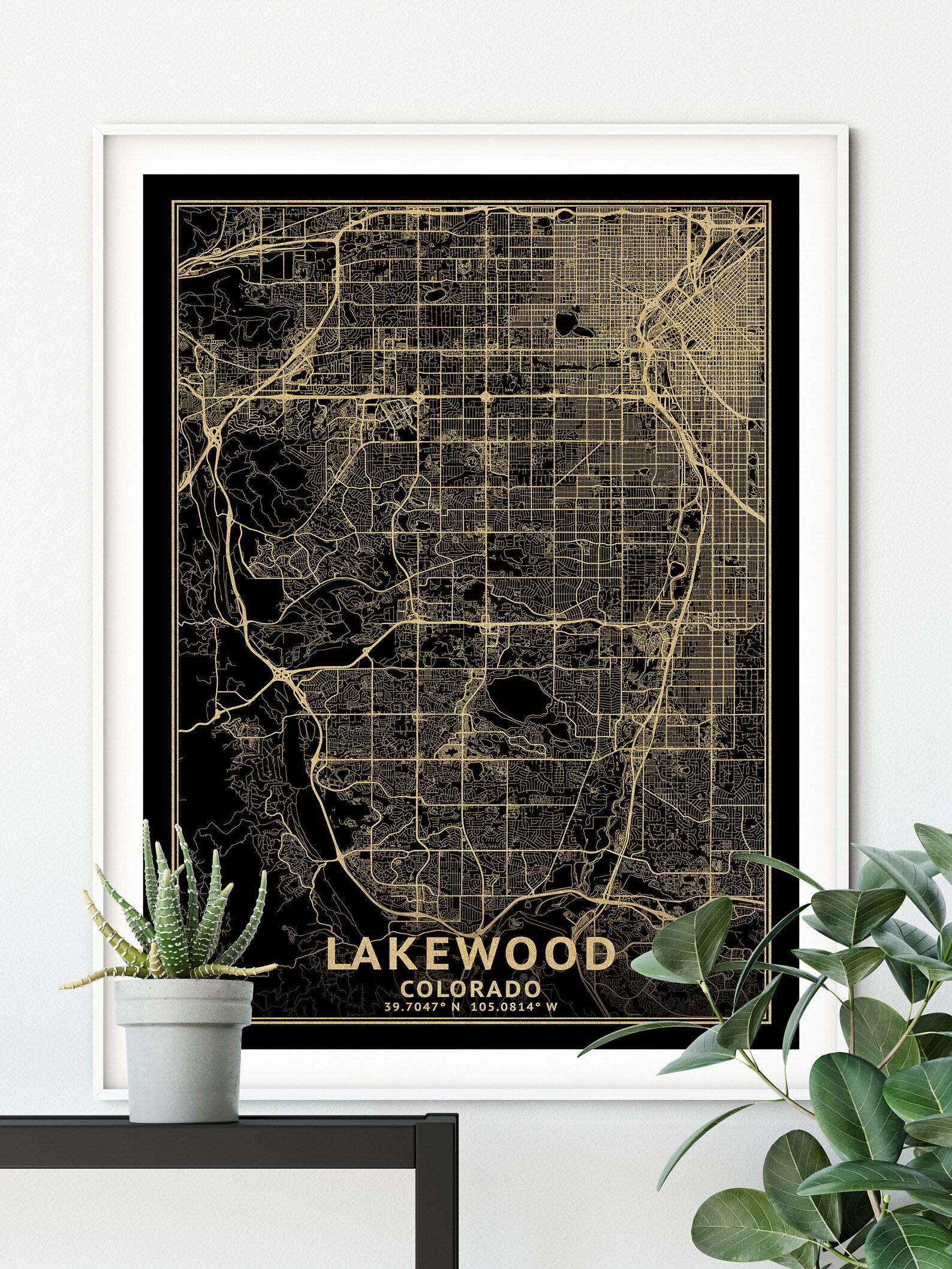 Lakewood Colorado Map, Black, High Resolution Real Gold Leaf Texture ...