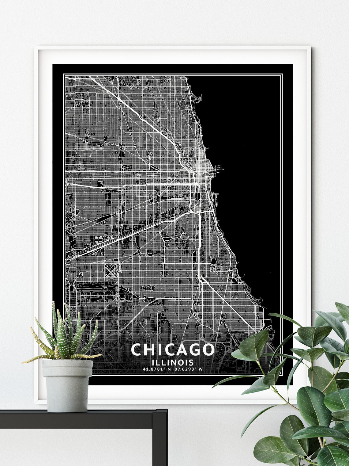 Chicago Map Black and White Inverted Black Chicago Illinois - Etsy