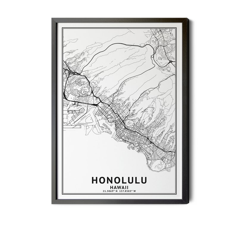 Honolulu Hawaii Map Black and White Coordinates Map of - Etsy