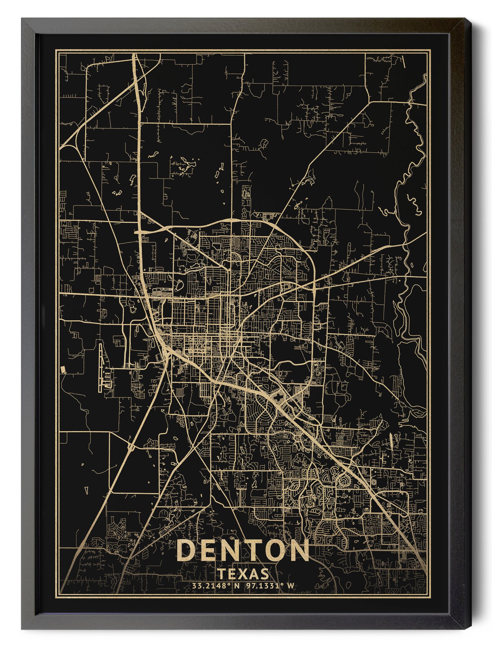 Denton Texas Map, Black, High Resolution Real Gold Leaf Texture ...