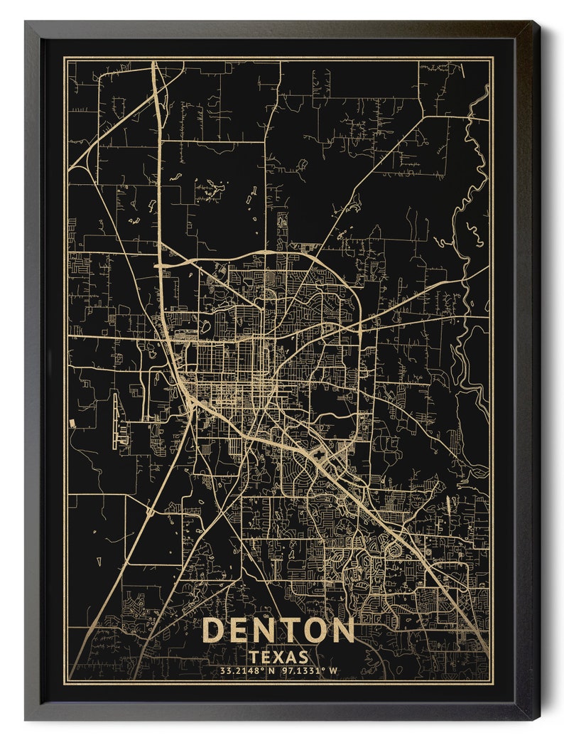 Denton Texas Map, Black, High Resolution Real Gold Leaf Texture ...
