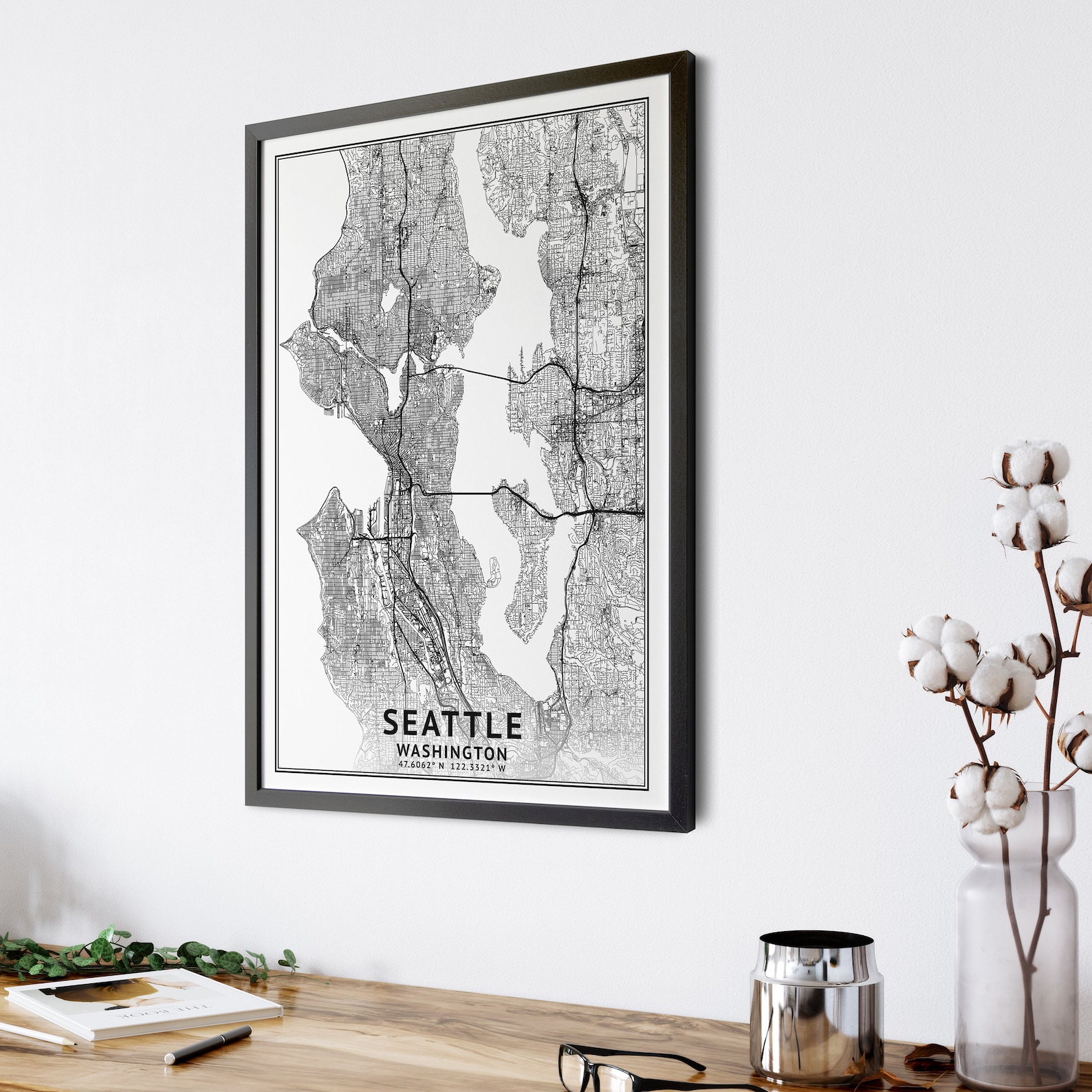 Seattle Washington Map, Seattle Map Print, Black and White, Coordinates ...
