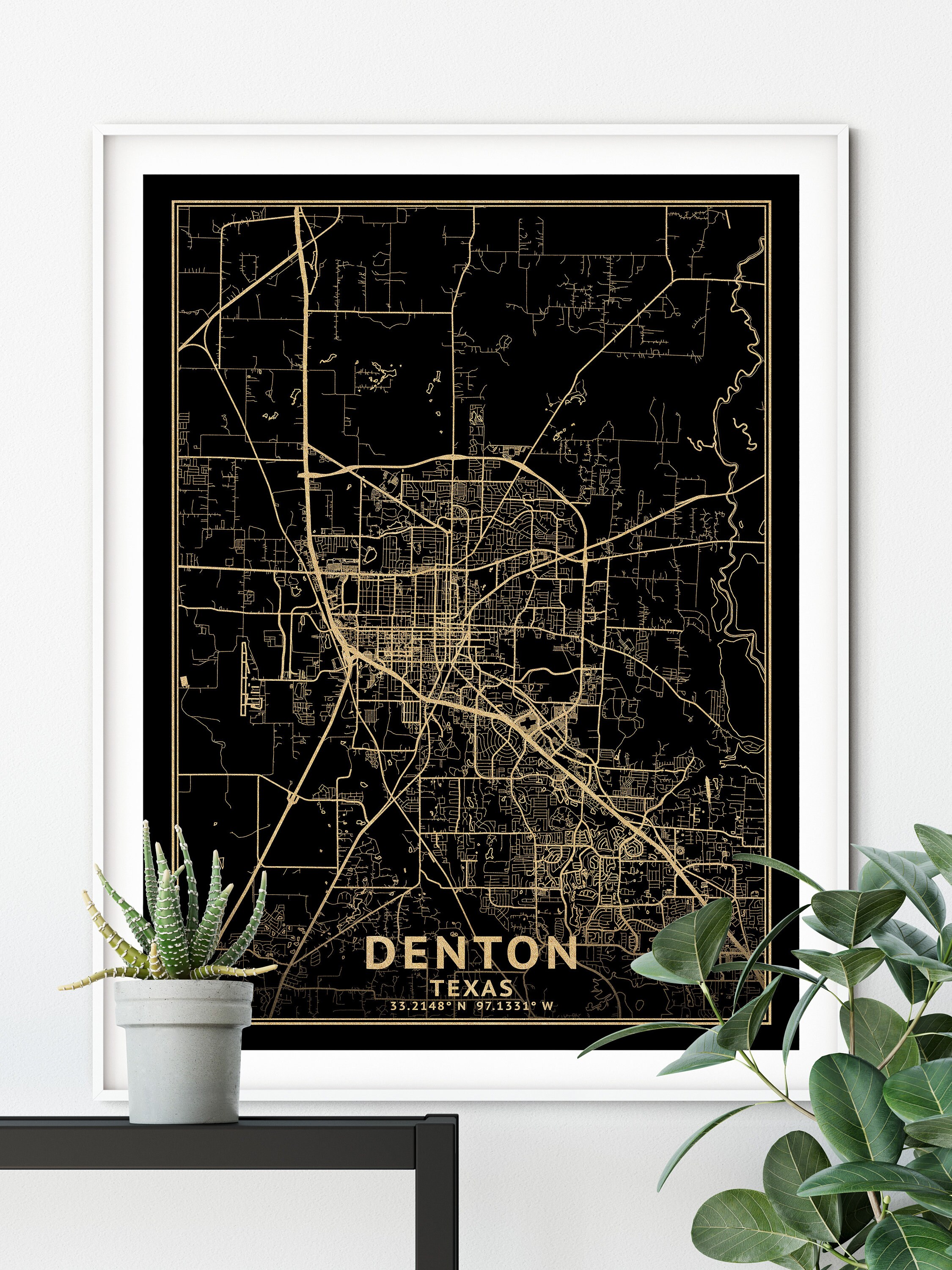 Denton Texas Map, Black, High Resolution Real Gold Leaf Texture ...