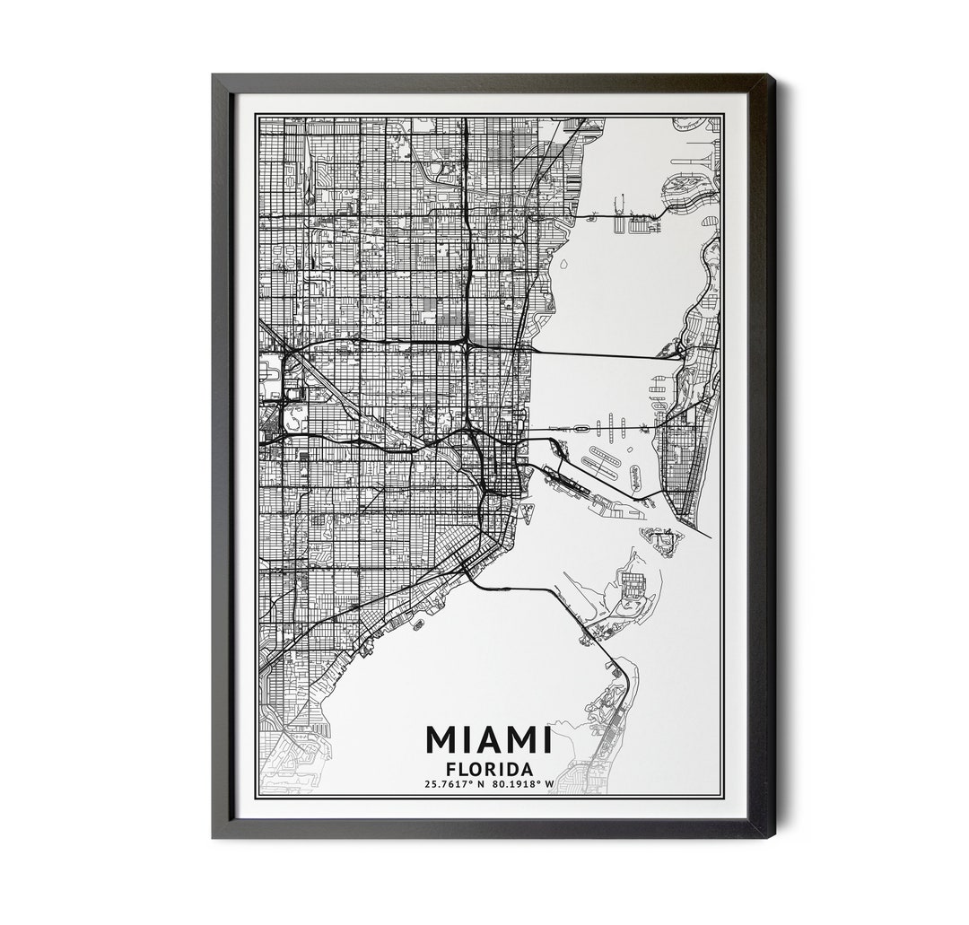 Miami Florida Map, Miami Poster, Coordinates, Minimal Map, Map of Miami ...