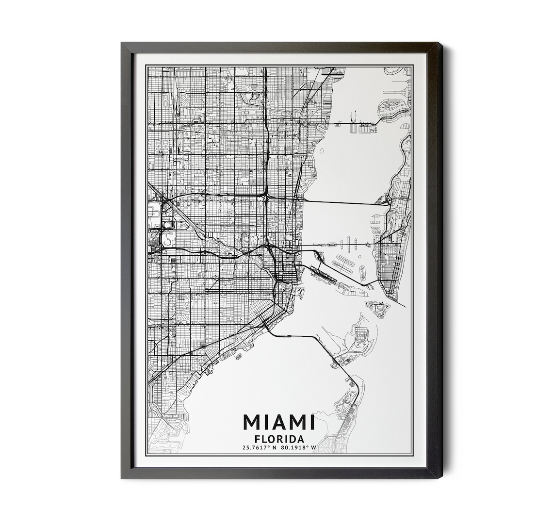 Miami Florida Map, Miami Poster, Coordinates, Minimal Map, Map of Miami ...