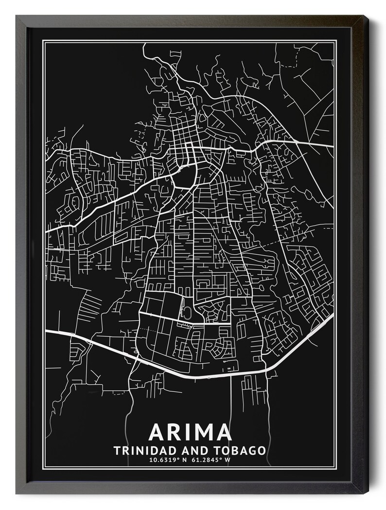 Arima Trinidad and Tobago Map, Black and White, Inverted, Coordinates ...