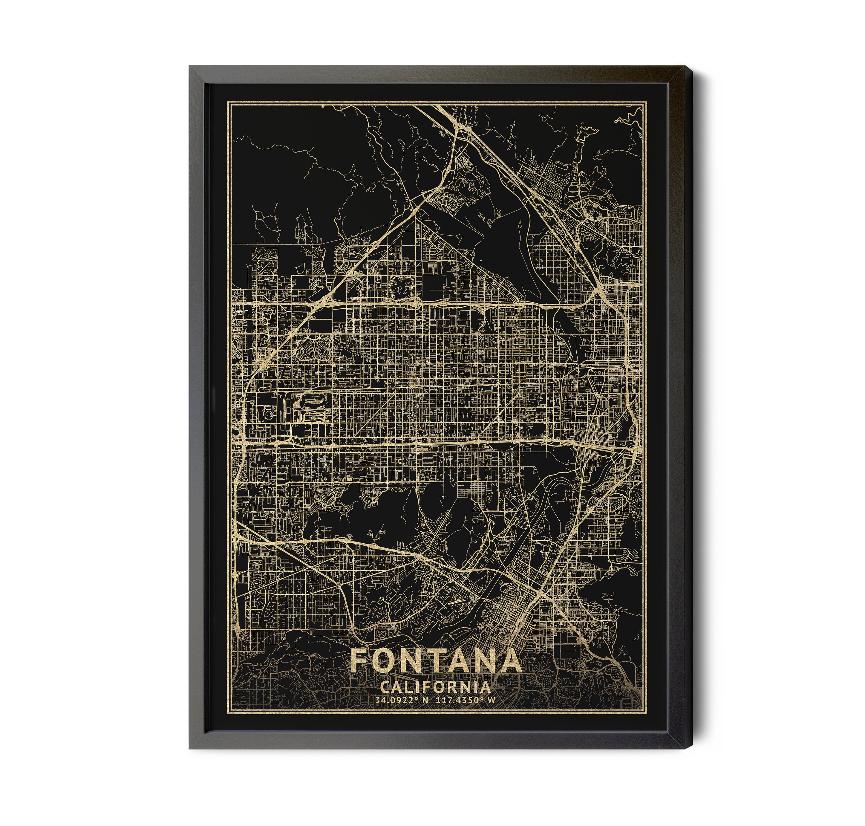 Fontana California Map, Black, High Resolution Real Gold Leaf Texture ...