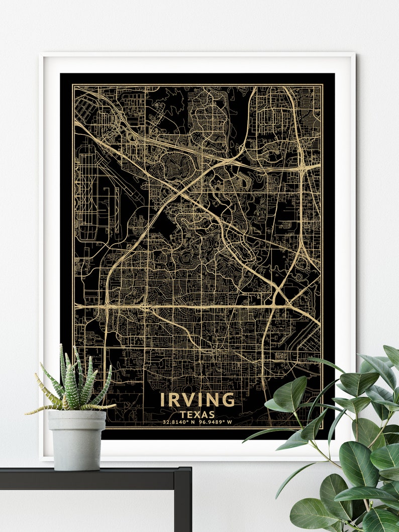 Irving Texas Map, Black, High Resolution Real Gold Leaf Texture ...