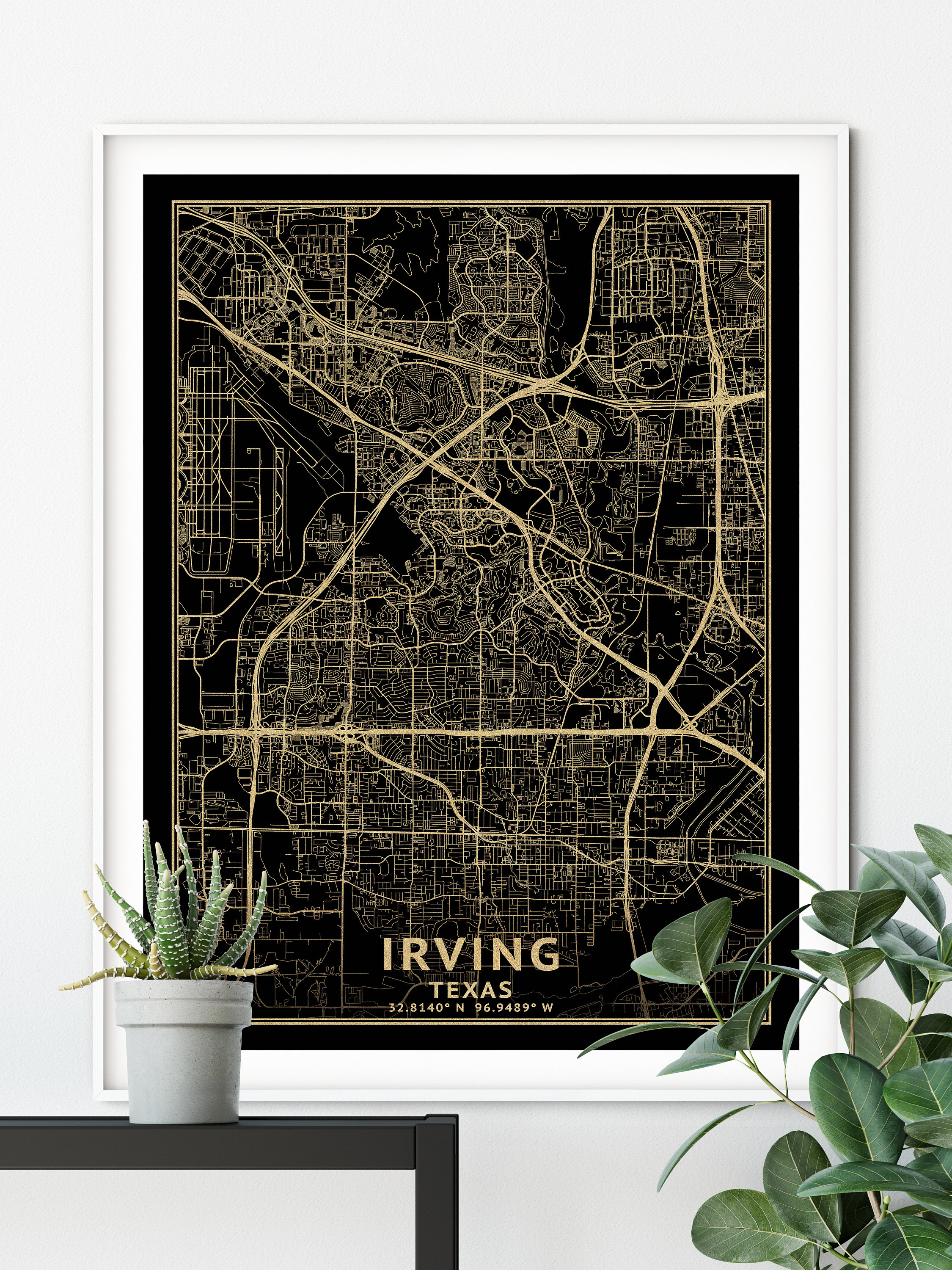 Irving Texas Map, Black, High Resolution Real Gold Leaf Texture ...