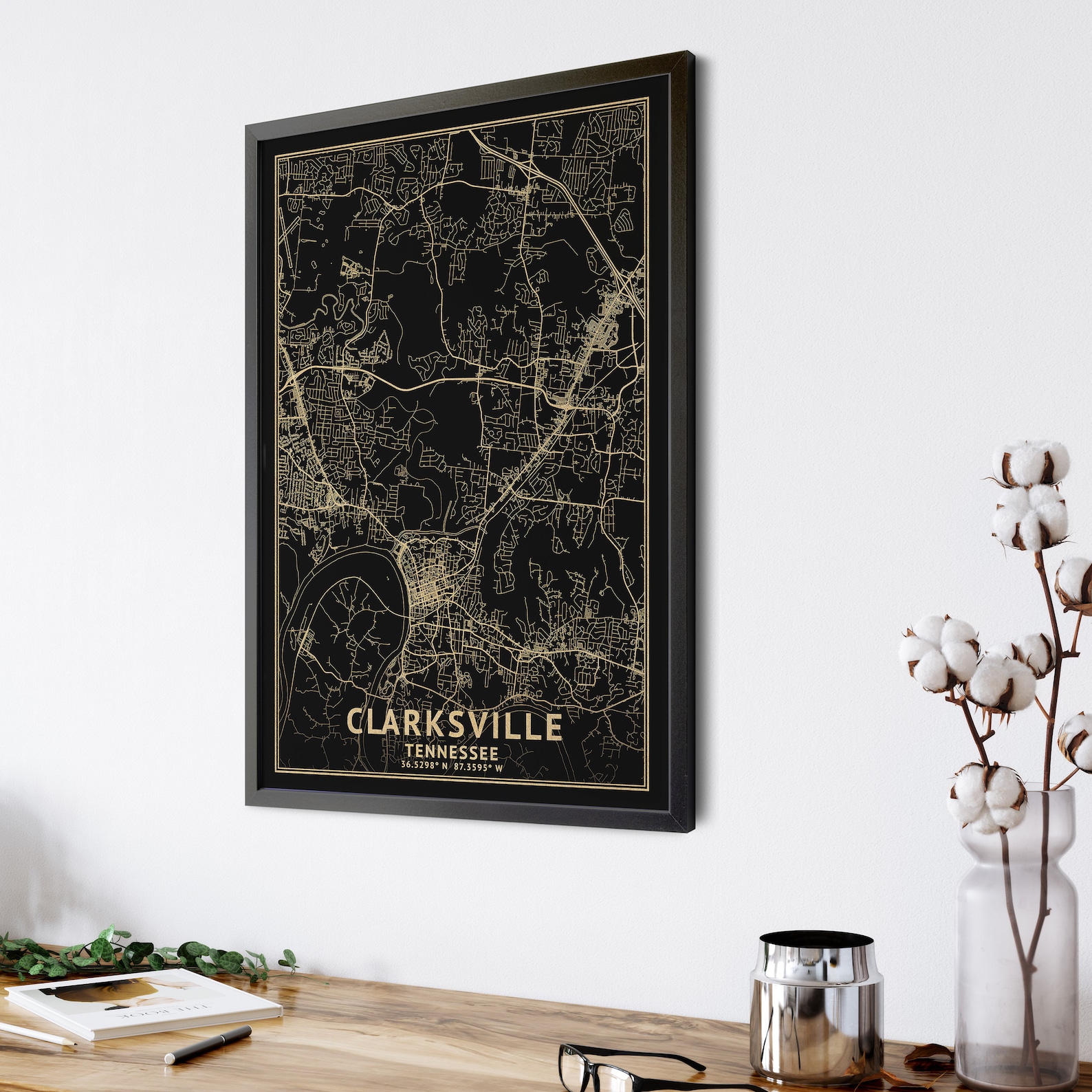 Clarksville Tennessee Map, Black, High Resolution Real Gold Leaf ...