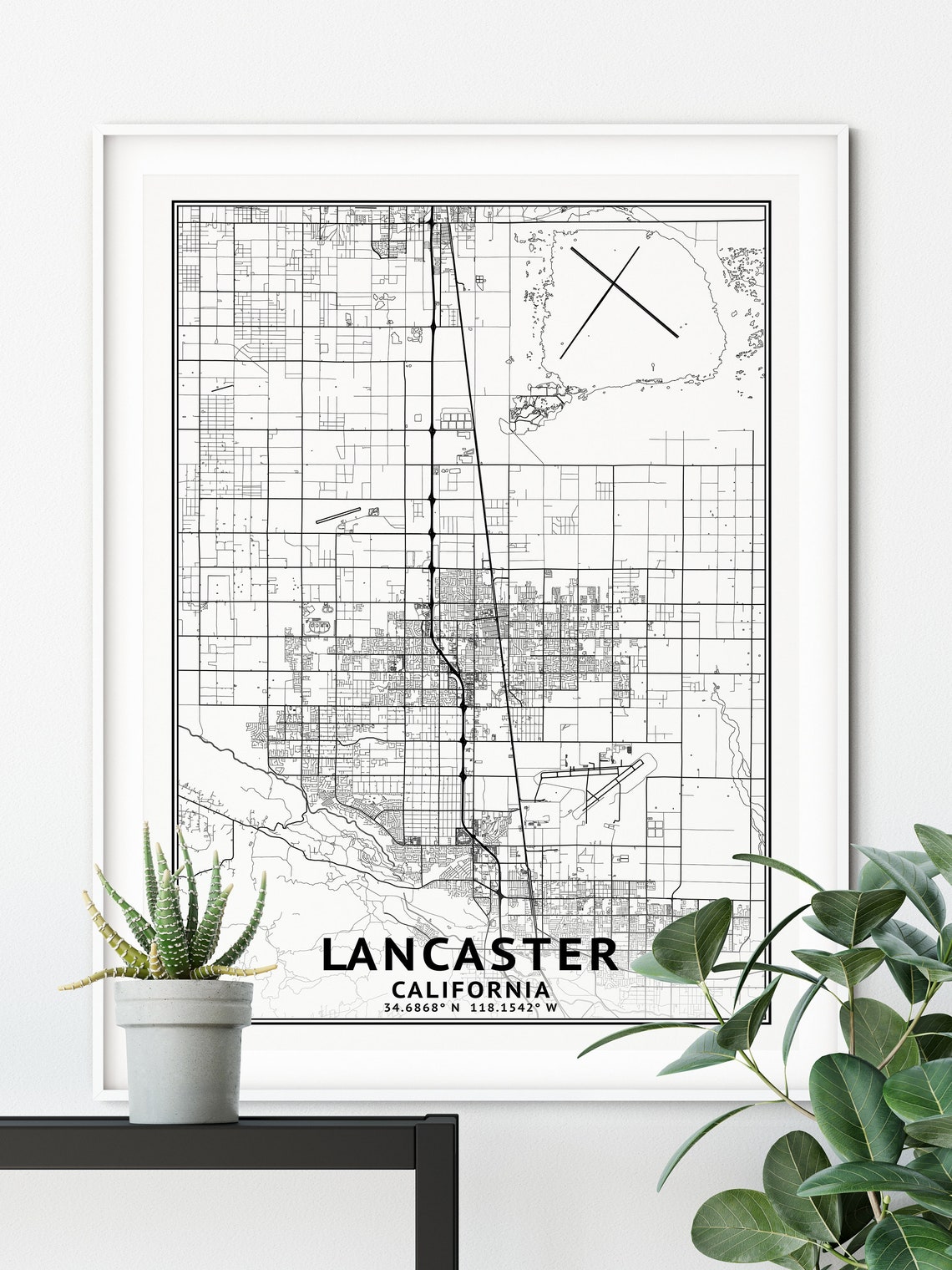 Lancaster California Map, Black and White, Coordinates, Map of ...