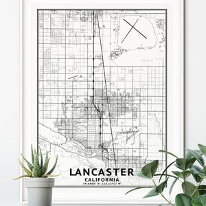 Lancaster California Map, Black and White, Coordinates, Map of ...
