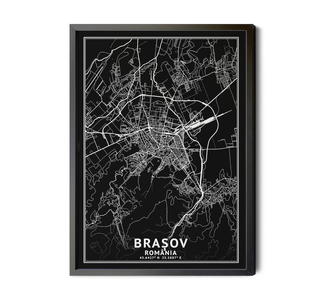 Brasov Romania Map, Black and White, Inverted, Coordinates, Map of ...