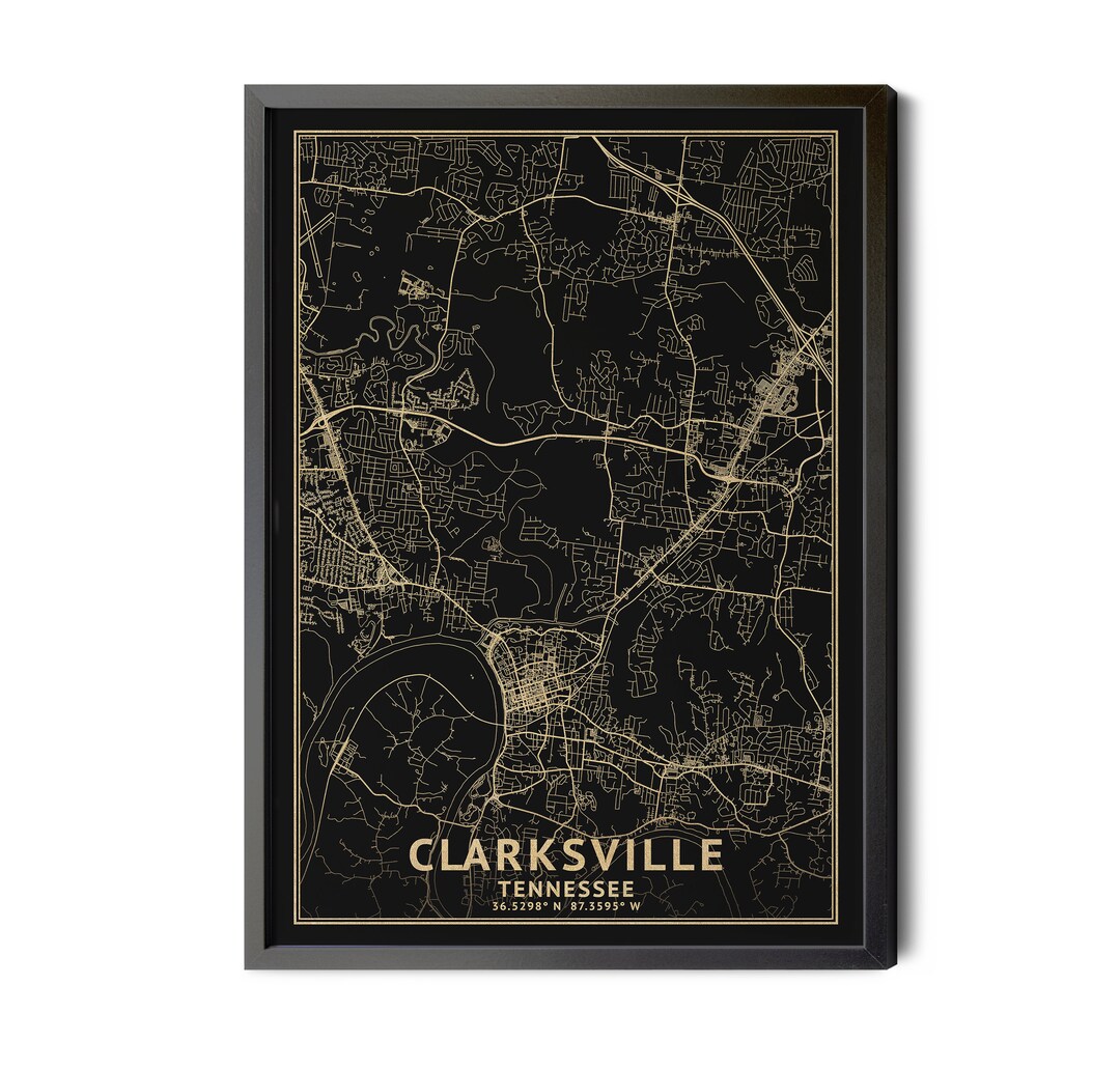 Clarksville Tennessee Map, Black, High Resolution Real Gold Leaf ...