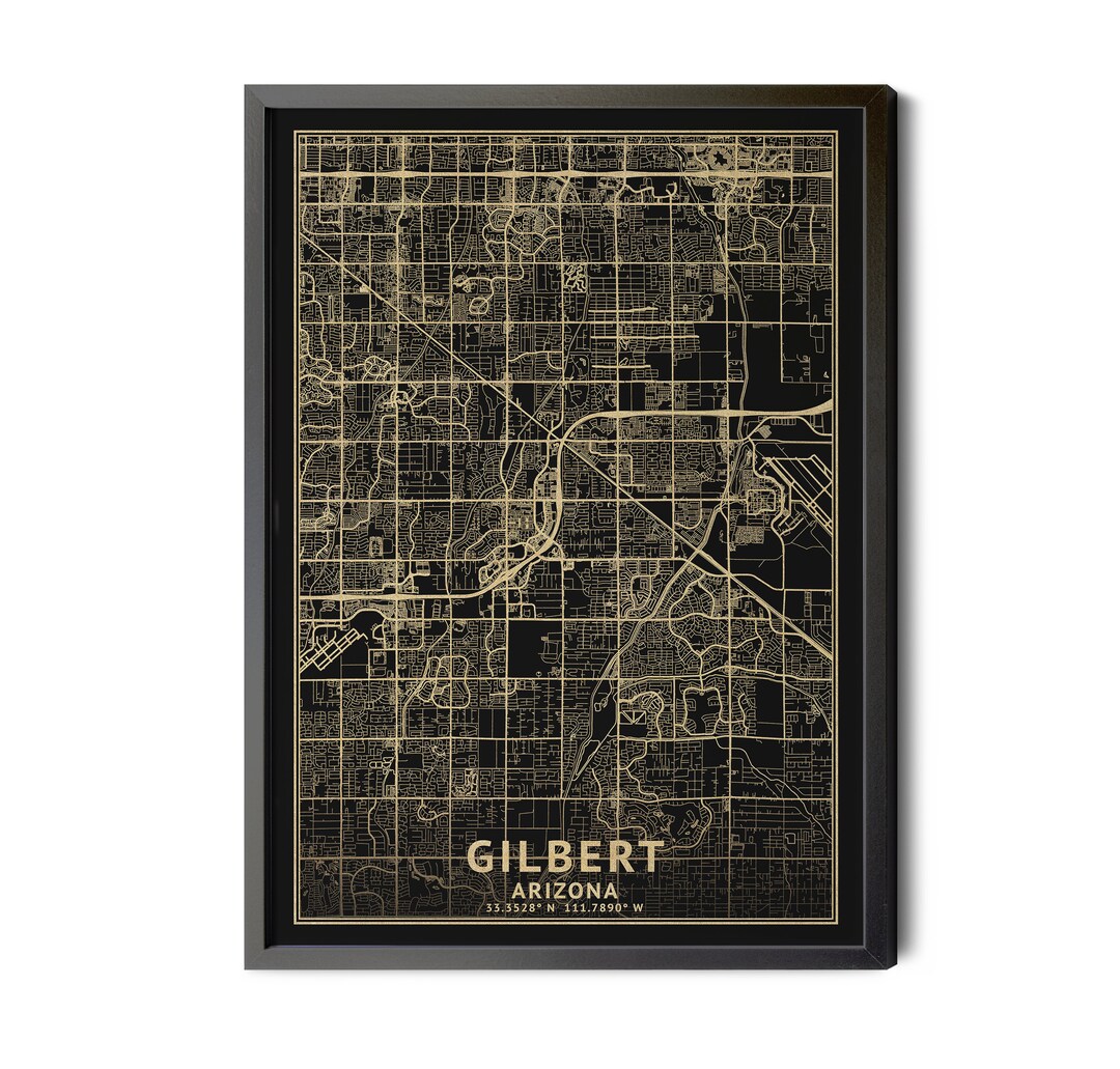 Gilbert Arizona Map, Black, High Resolution Real Gold Leaf Texture ...