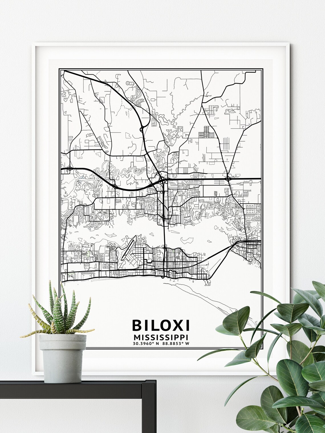 Biloxi Mississippi Map, Black and White, Coordinates, Map of Biloxi ...