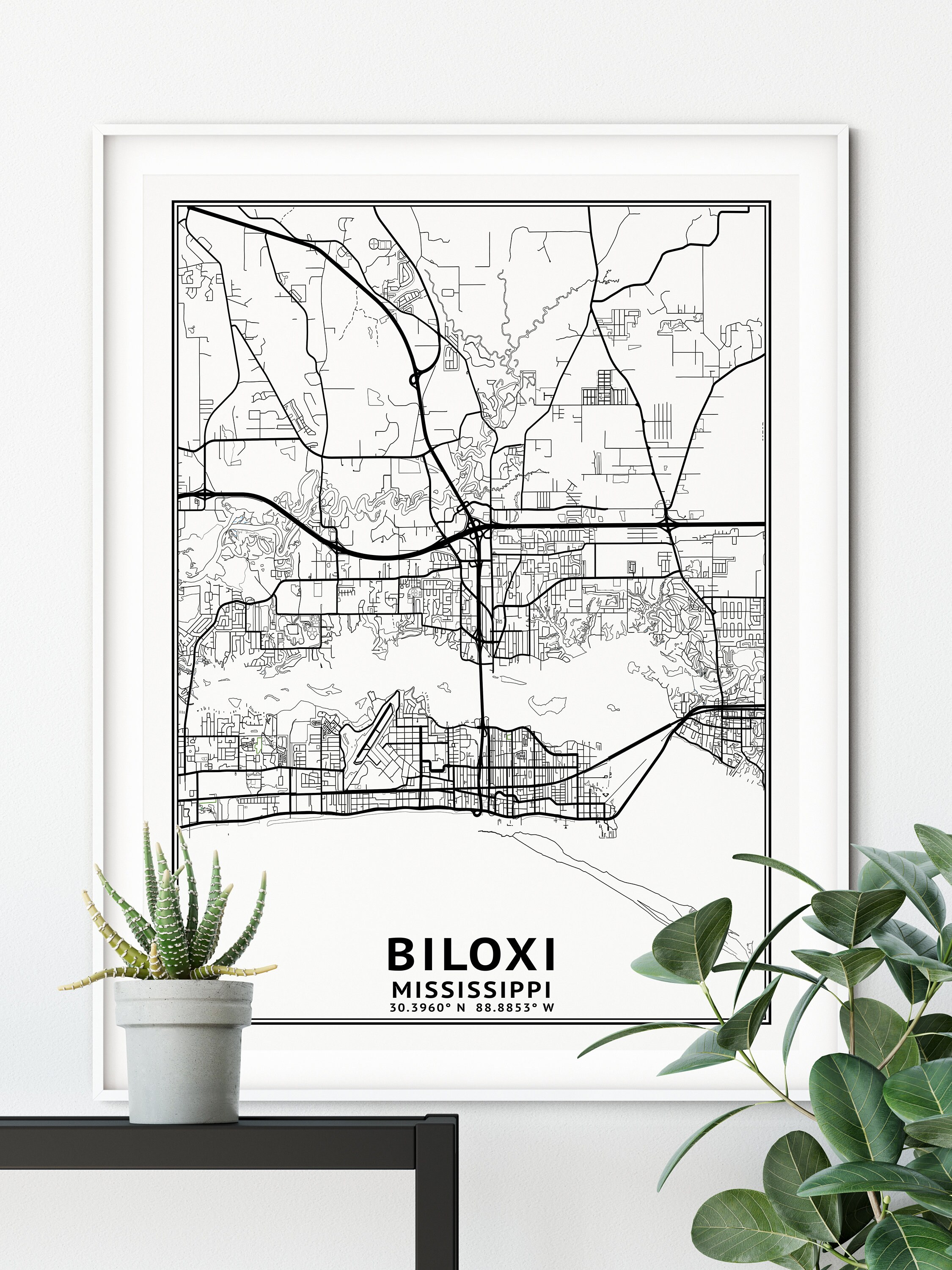 Biloxi Mississippi Map, Black and White, Coordinates, Map of Biloxi ...