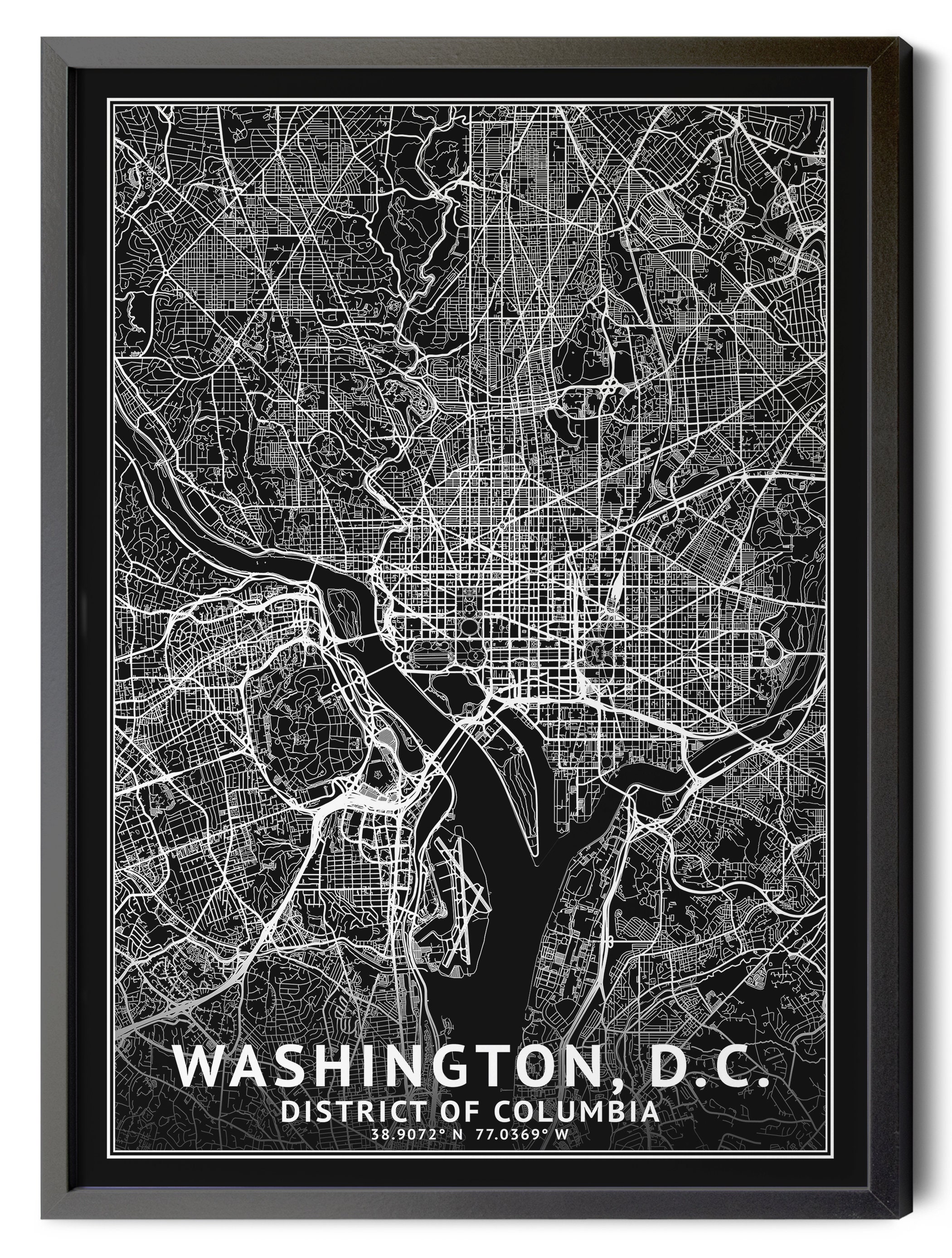 Washington DC Map, Black and White, Inverted, Coordinates, Washington ...
