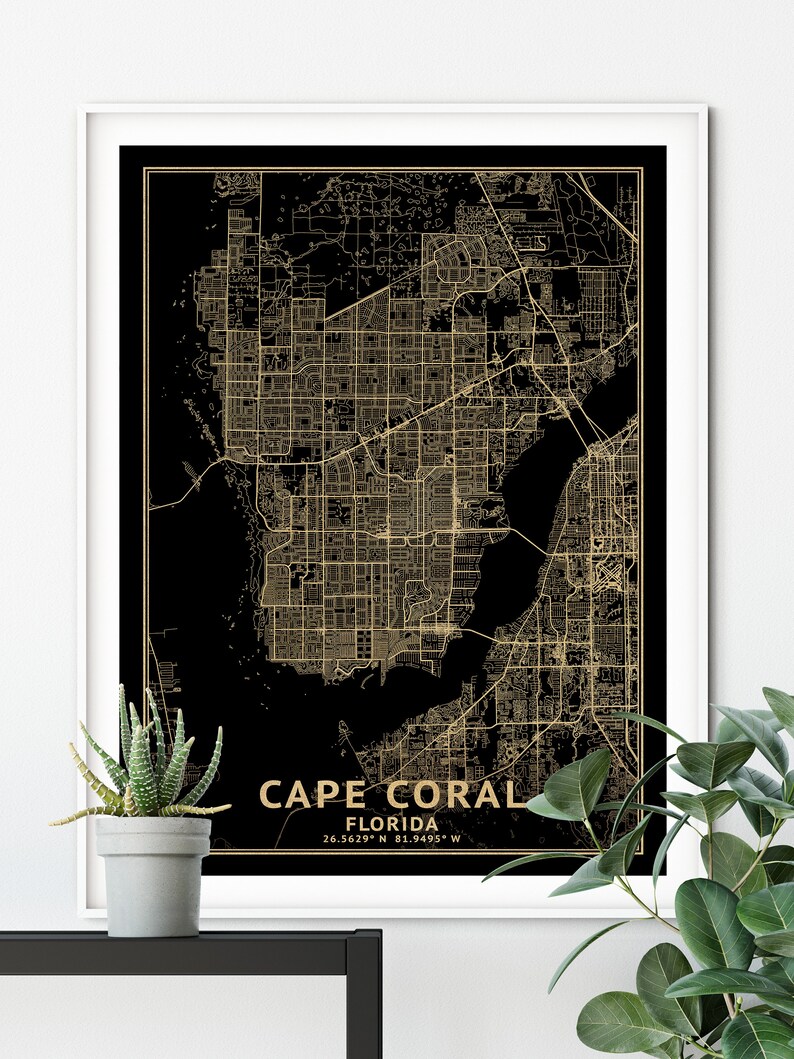 Cape Coral Florida Map, Black, High Resolution Real Gold Leaf Texture ...