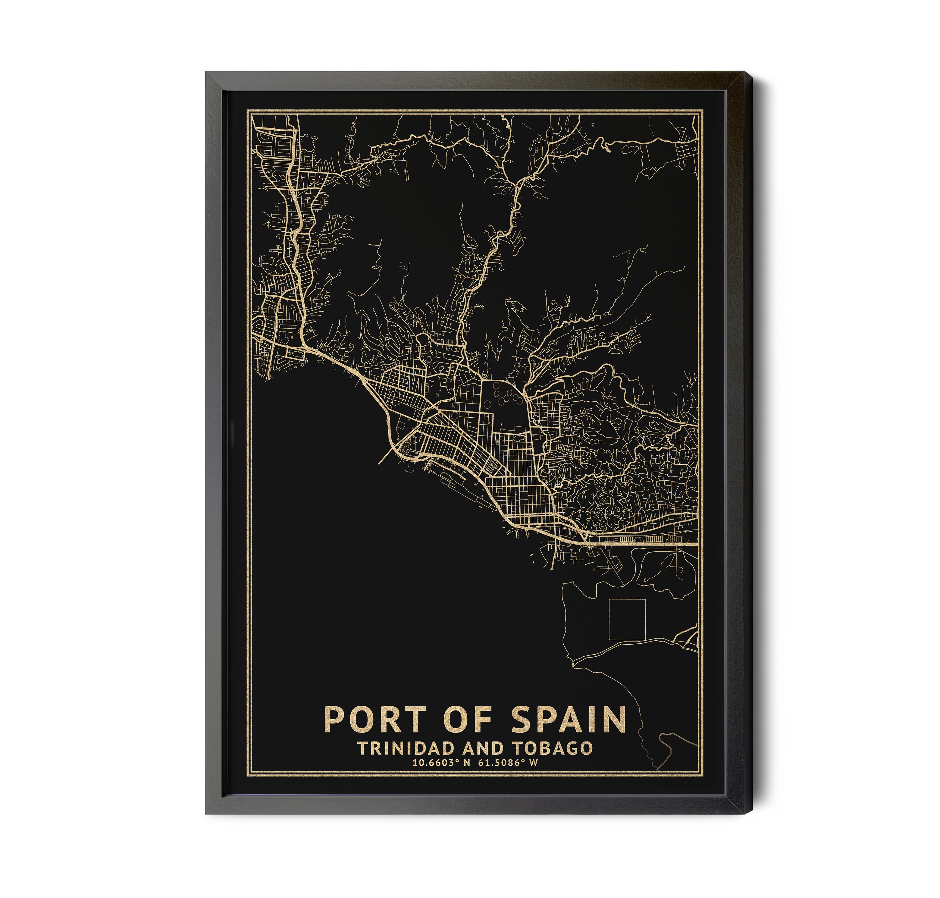 Port of Spain Trinidad and Tobago, Map, Black, High Resolution Real ...